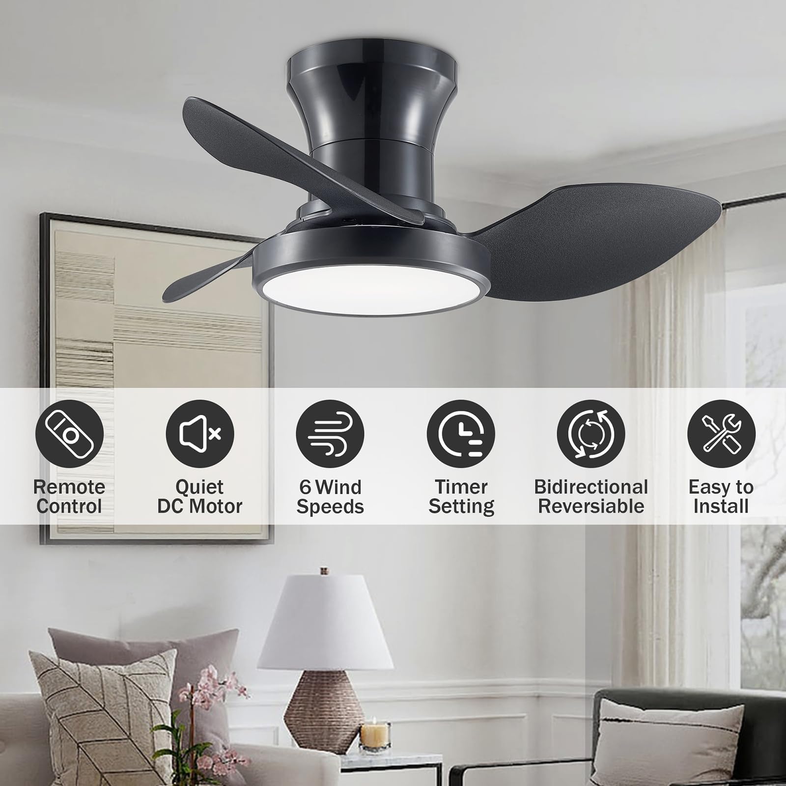 Keejeenb Ceiling Fan with Light Remote Control 25 Inch, White LED Ceiling Fan with Light, Large Air Volume Quiet Reversible Modern Ceiling Fan for Bedroom, Living Room, Patio (Black)