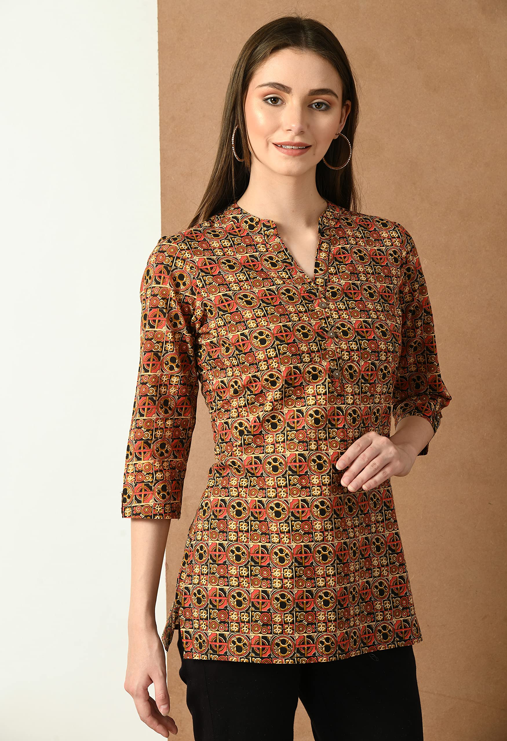 Lagi Women Straight Mandarin Collar 3/4 Sleeves Printed Short Cotton Kurti, Red (S)