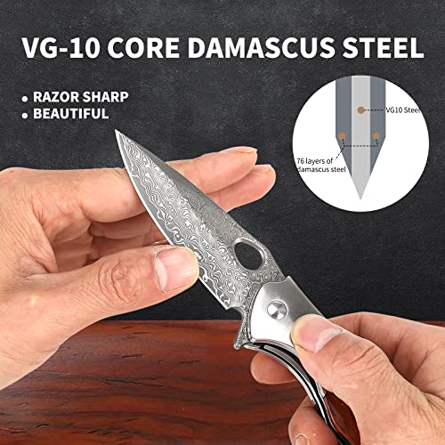 STANBIK Damascus Pocket Knife with Sheath,3.1 inch Damascus Steel Folding Knife,Sandalwood Handle,EDC Pocket Knives for Hiking Camping.