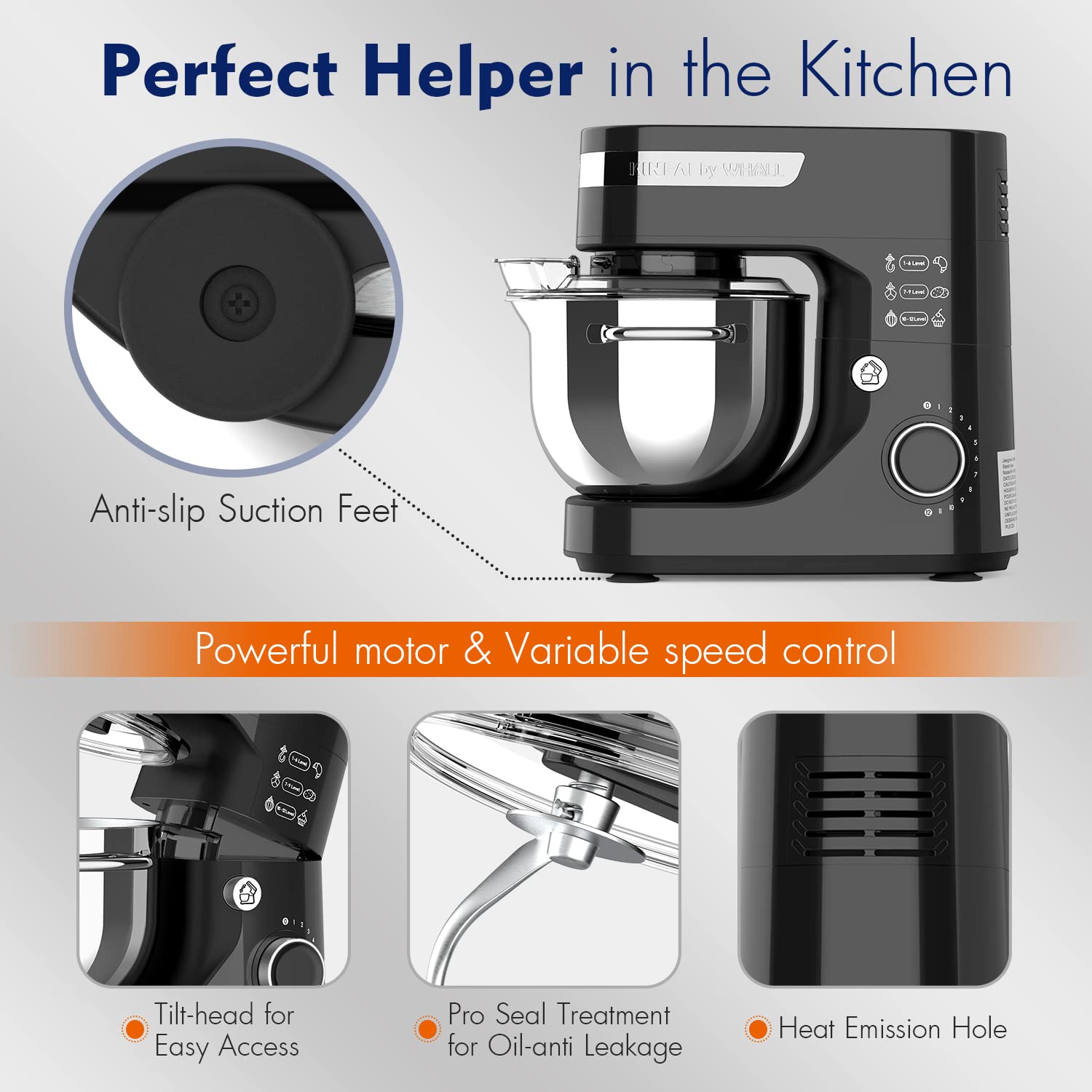 Stand Mixer, whall 12-Speed Tilt-Head Kitchen Mixer,for Baking Bread,Cakes,Cookie,Pizza,Salad, Electric Food Mixer with Dough Hook/Wire Whip/Beater, Stainless Steel Bowl,(black)