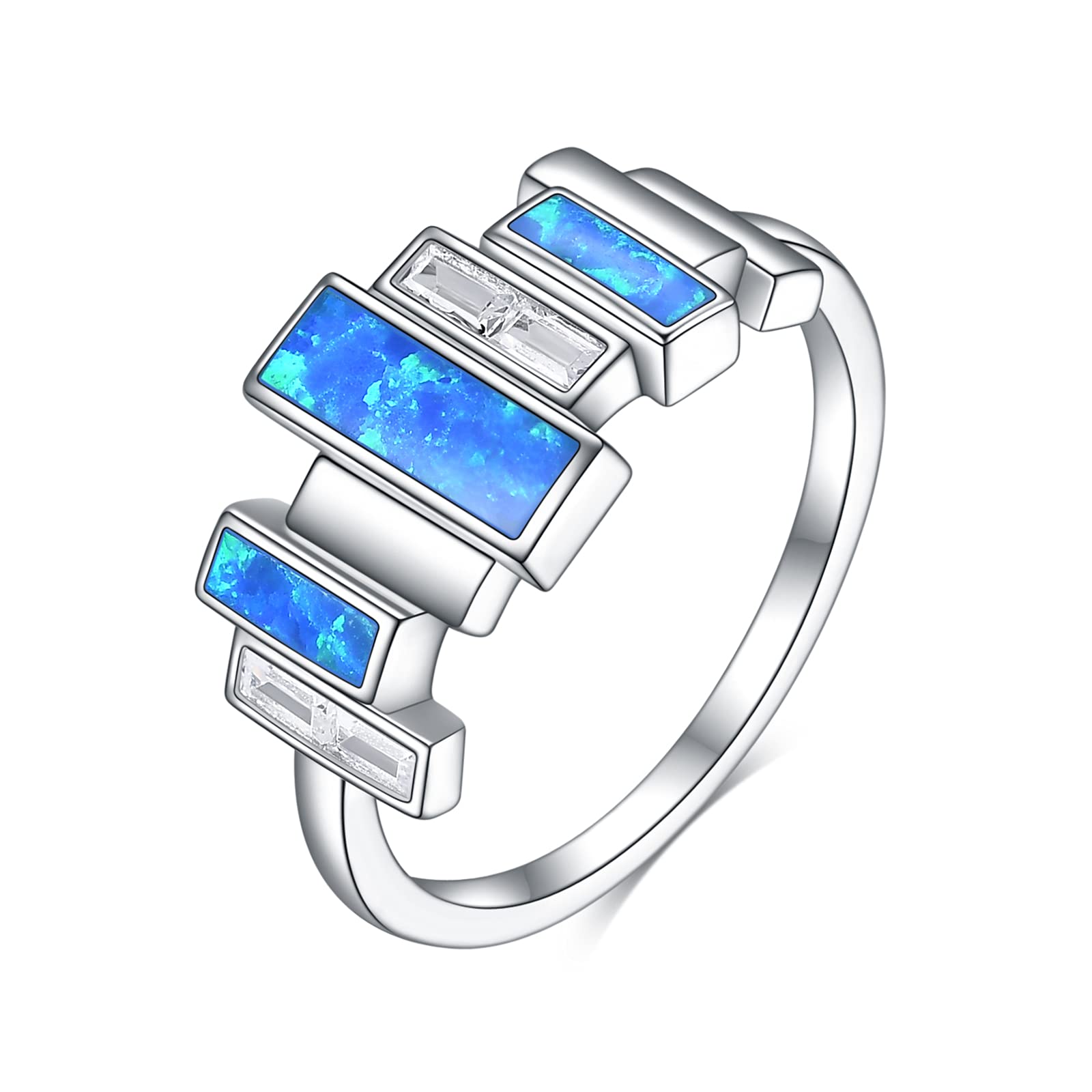 POTOPYY Blue Fire Opal Ring for Women S925 Sterling Silver Created Opal Jewelry Gift, Size 9
