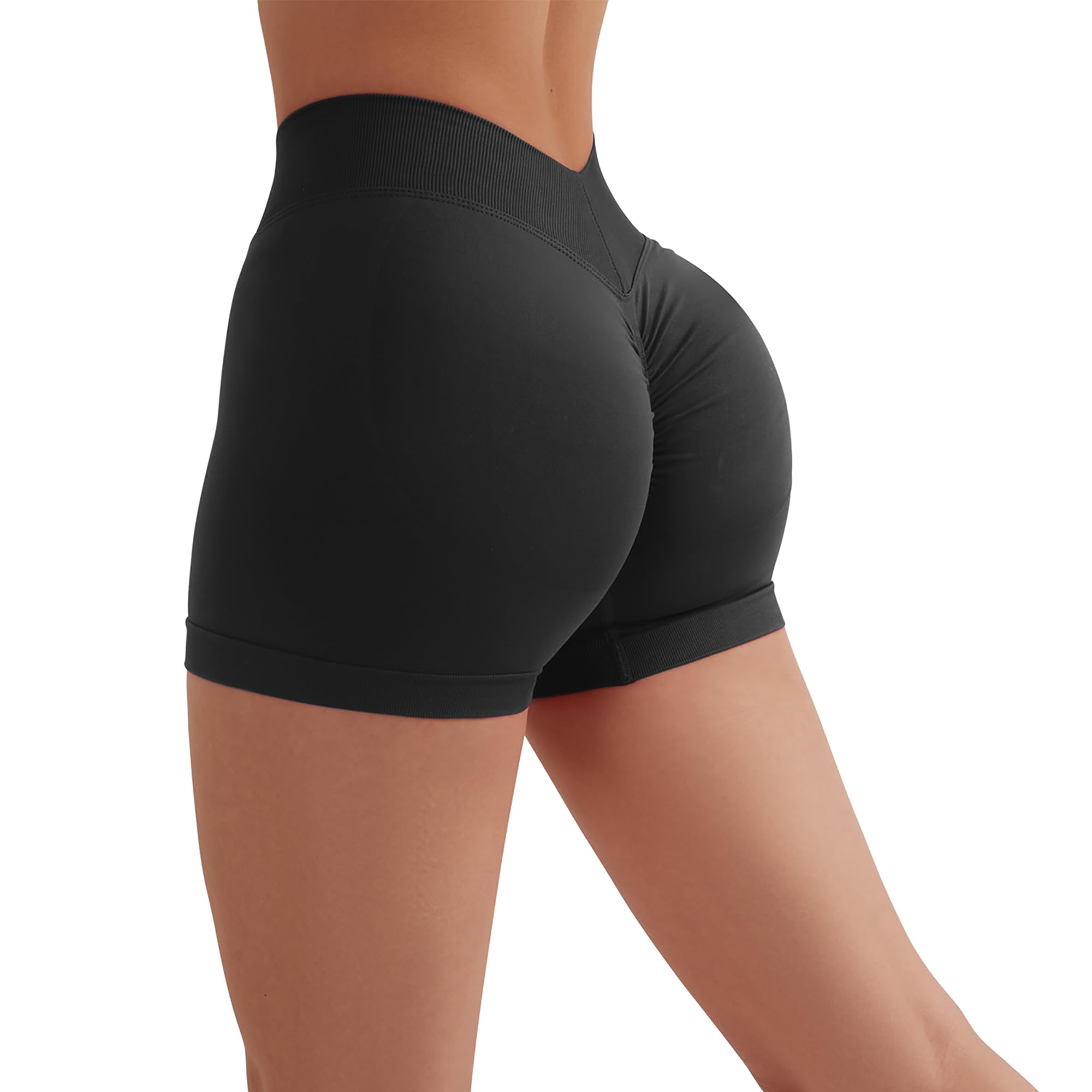 MOOSLOVER Women V Cross Waist Workout Shorts Butt Lifting High Waisted Biker Shorts(M,#2 Black)