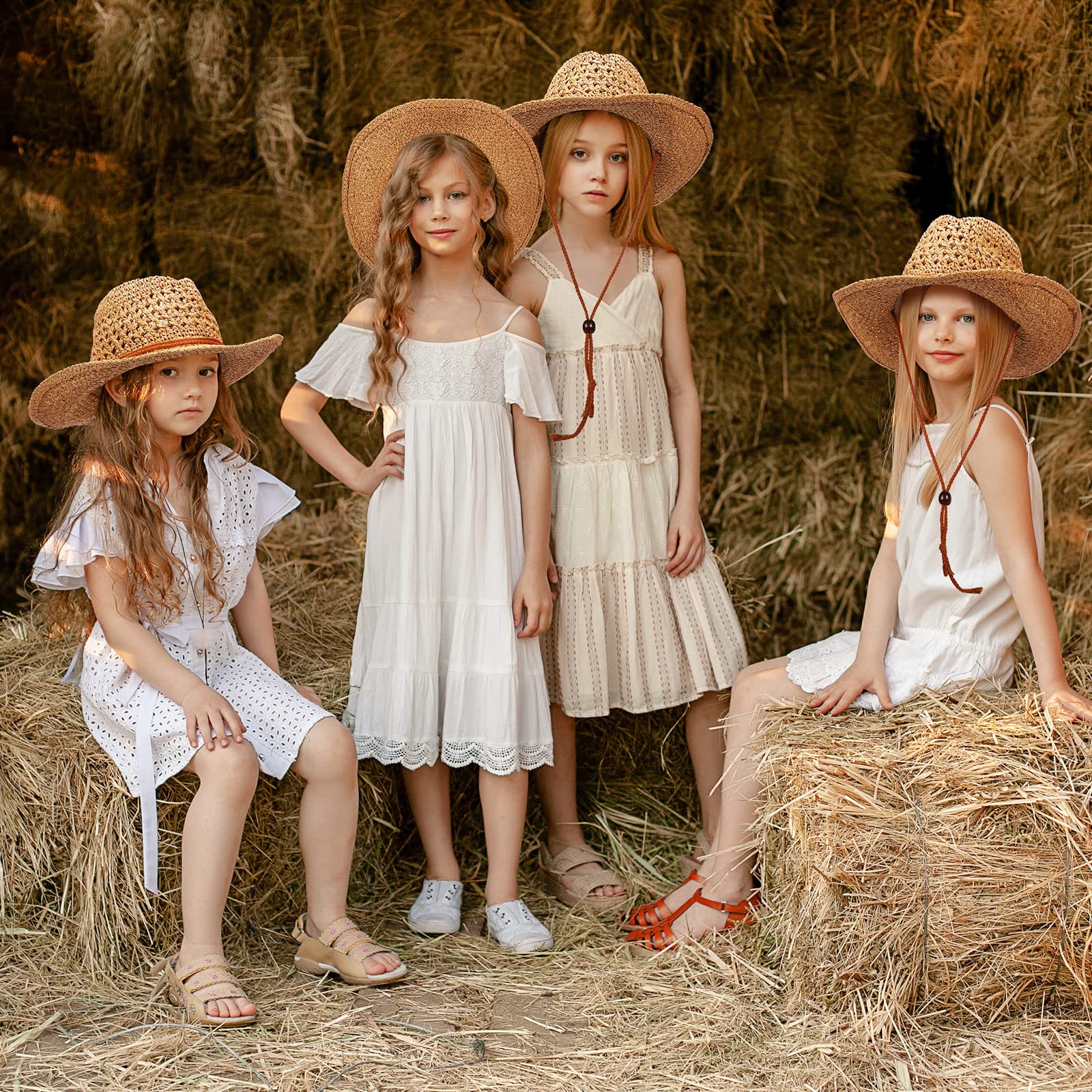 Unittype 6 Pcs Western Cowboy Straw Hats Shapeable Handmade Woven Sunscreen Beach Hat for Women Men Outdoor Seaside (Khaki)