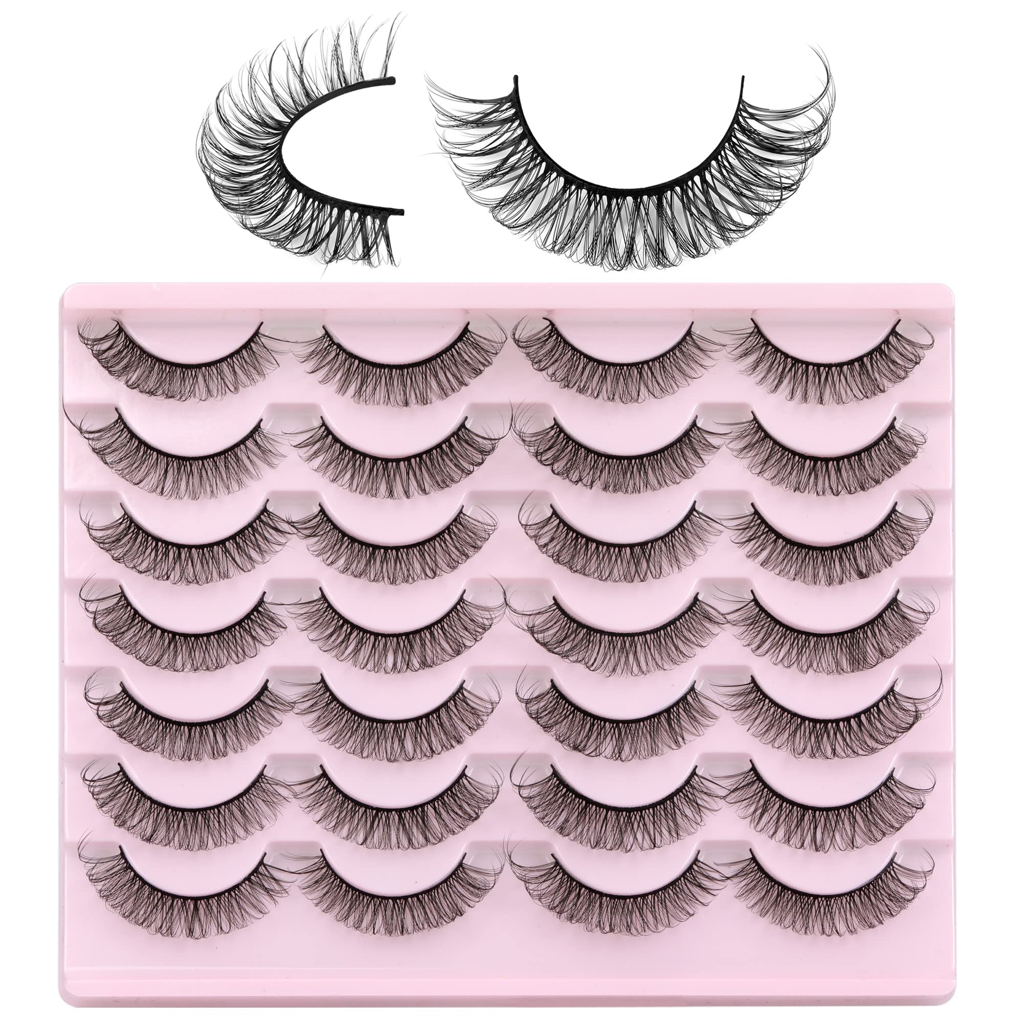 Newcally Russian Strip Lashes Mink Wispy Natural Look False Eyelashes Pack Manga Lashes D Curl Fluffy Volume Faux Mink Lashes Cat Eye Lashes Look Like Lashes Extension 14 Pairs