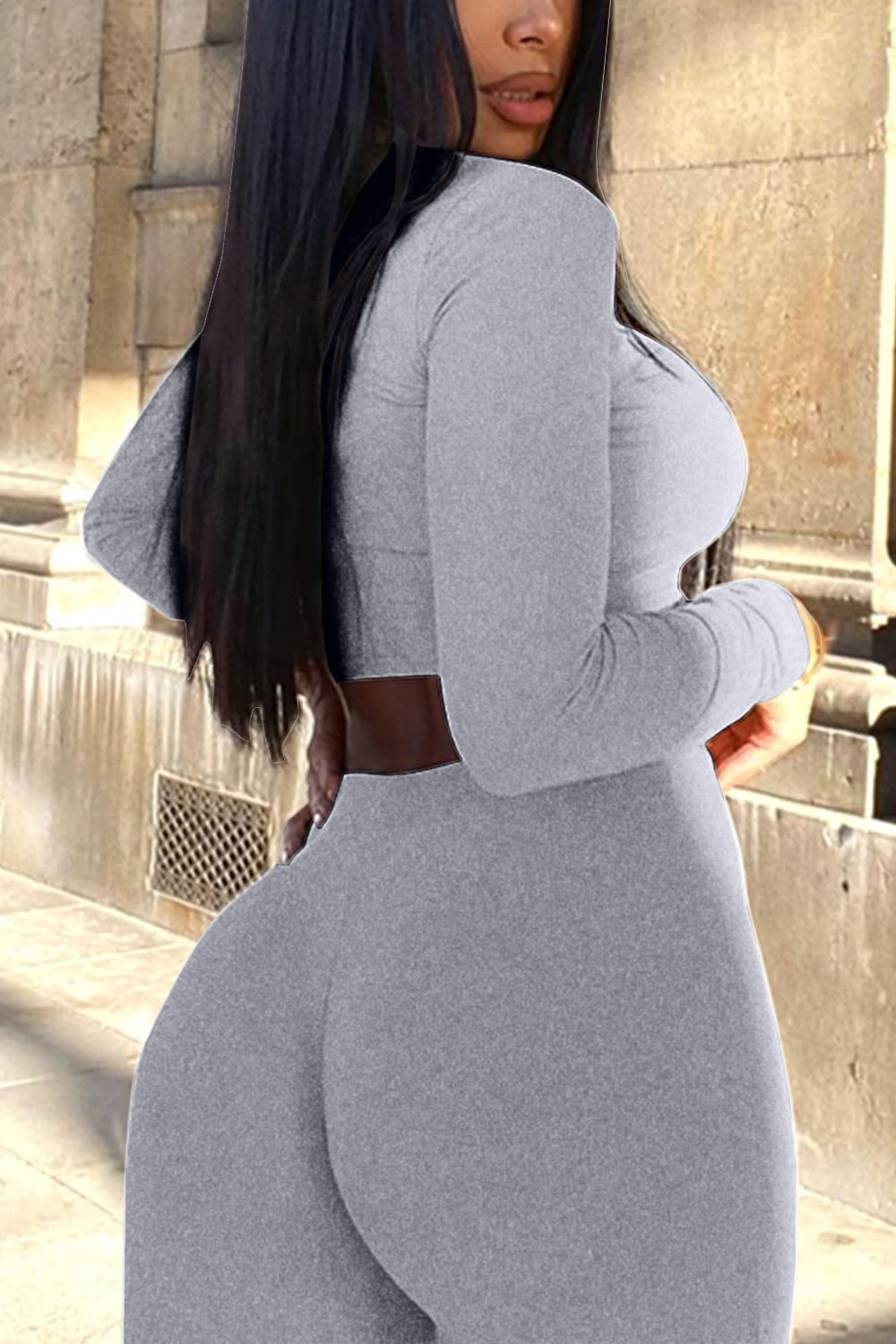 Mulisky 2 Piece Outfits for Women Long Sleeve Crop Top Sweatsuit Tracksuit Long Pants Set Sports Jumpsuit Grey L