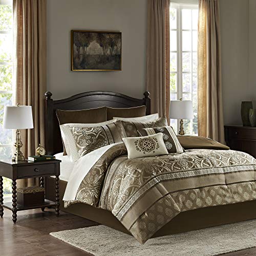 Madison Park - MPE10-796 Essentials Zara 16 Piece Jacquard Complete Bedding 2 Sheet Sets, King, Brown