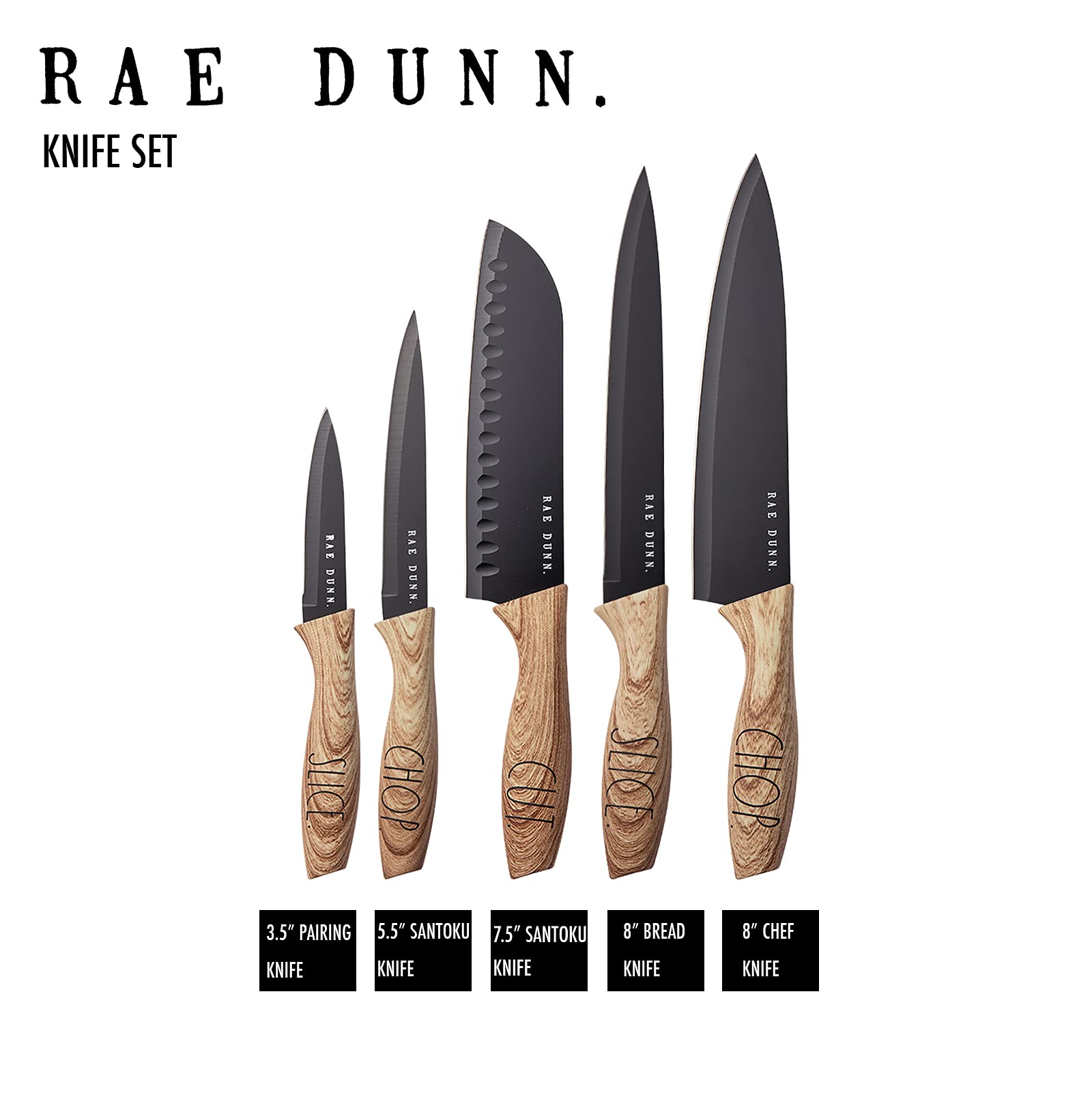 Rae Dunn Everyday Collection Set of 5 Stainless Steel Knives with Sheaths- Chef, Paring, Bread, Santoku Knives- (Black)
