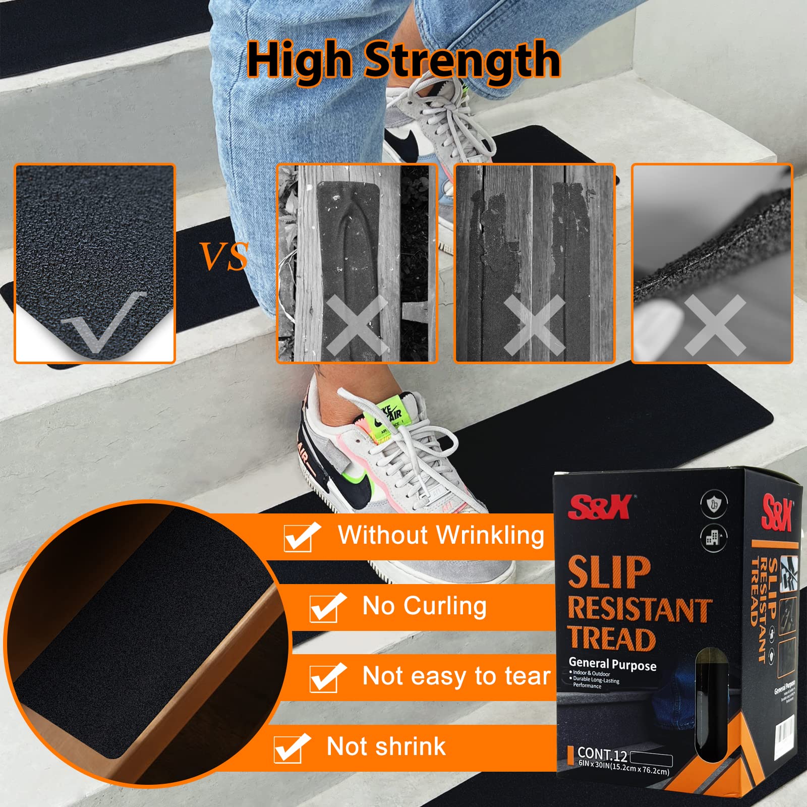 S&X Stair Treads Non-Slip Outdoor Grip Tape, 12-Pack, 6β x 30β Pre-Cut Anti Slip Tape, Black