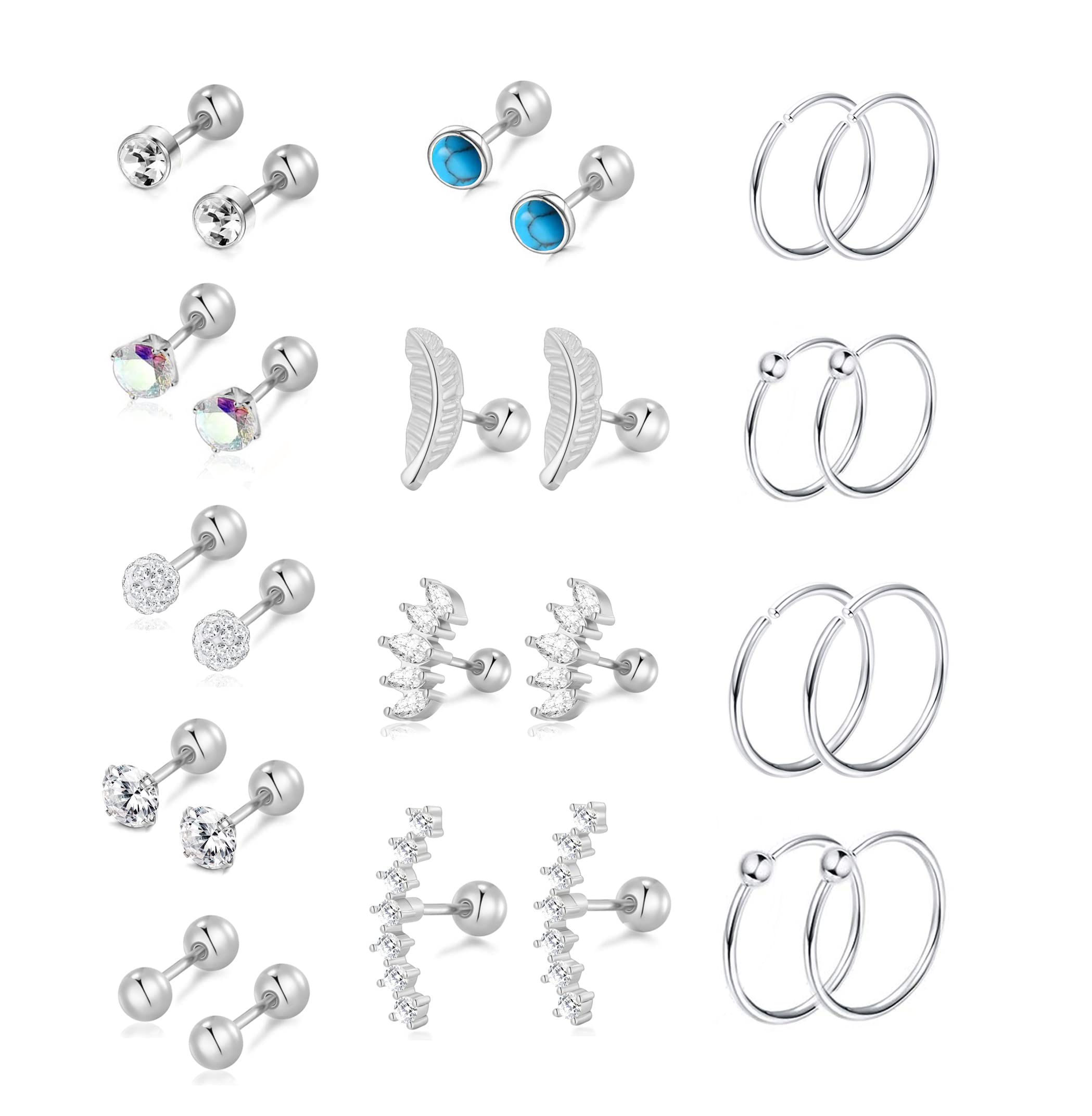 PLOMFOV 13Pairs 20G Cartilage Earrings for Women Men CZ Feather Barbell Earrings Stainless Steel Cartilage Hoop Earring 16G Tragus Conch Helix Piercing Jewelry Silver Tone
