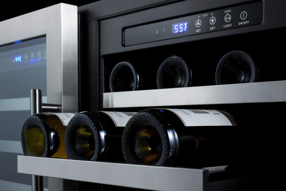 Summit SWC3668 36" Undercounter Dual Zone Wine Cooler with 68 Bottle Capacity LED Lighting Digital Thermostat Factory Installed Locks in Stainless