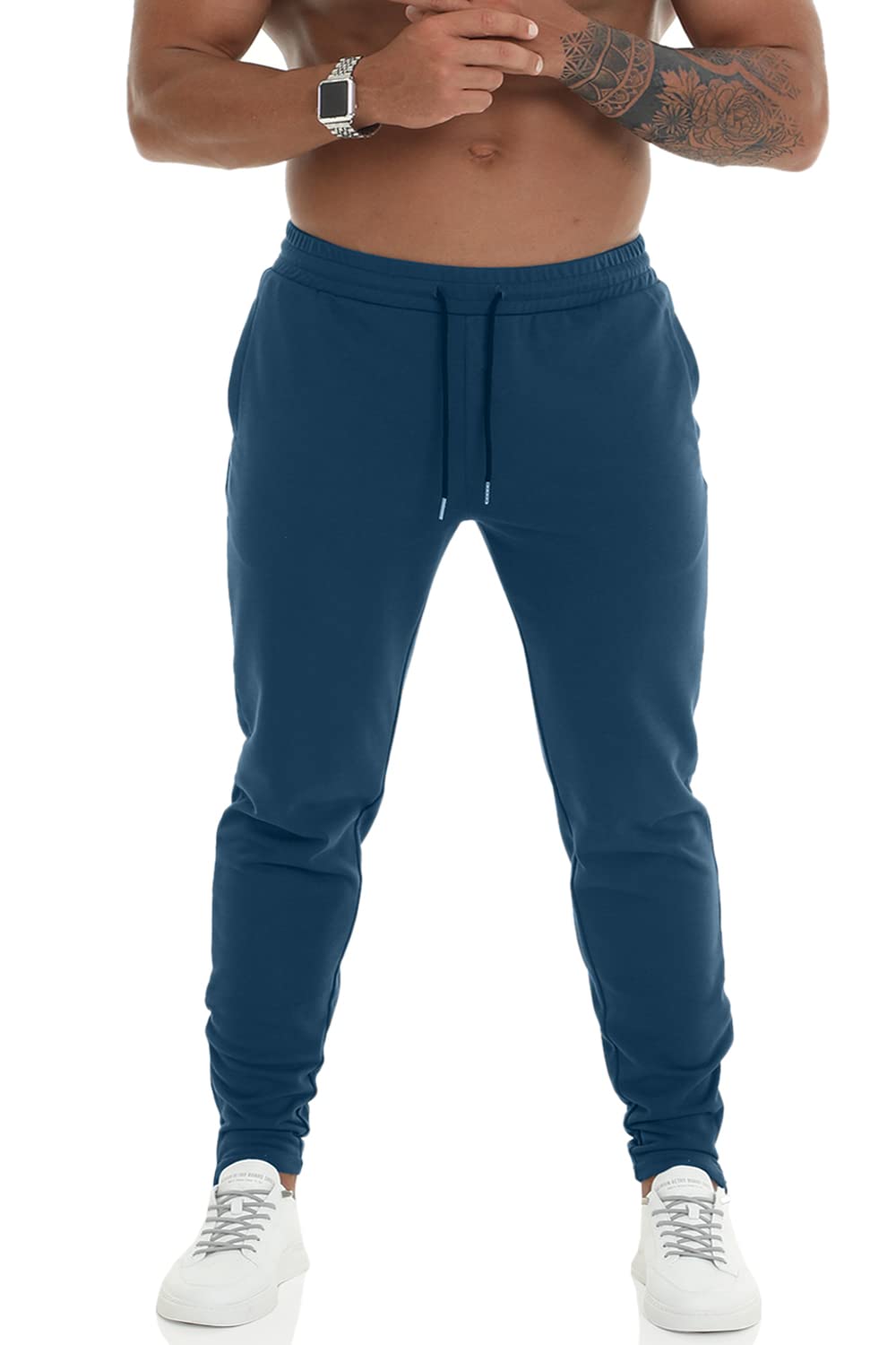 Ouber Men's Athletic Gym Workout Pants Running Tapered Joggers Sweatpants with Zipper Bottom Blue,S