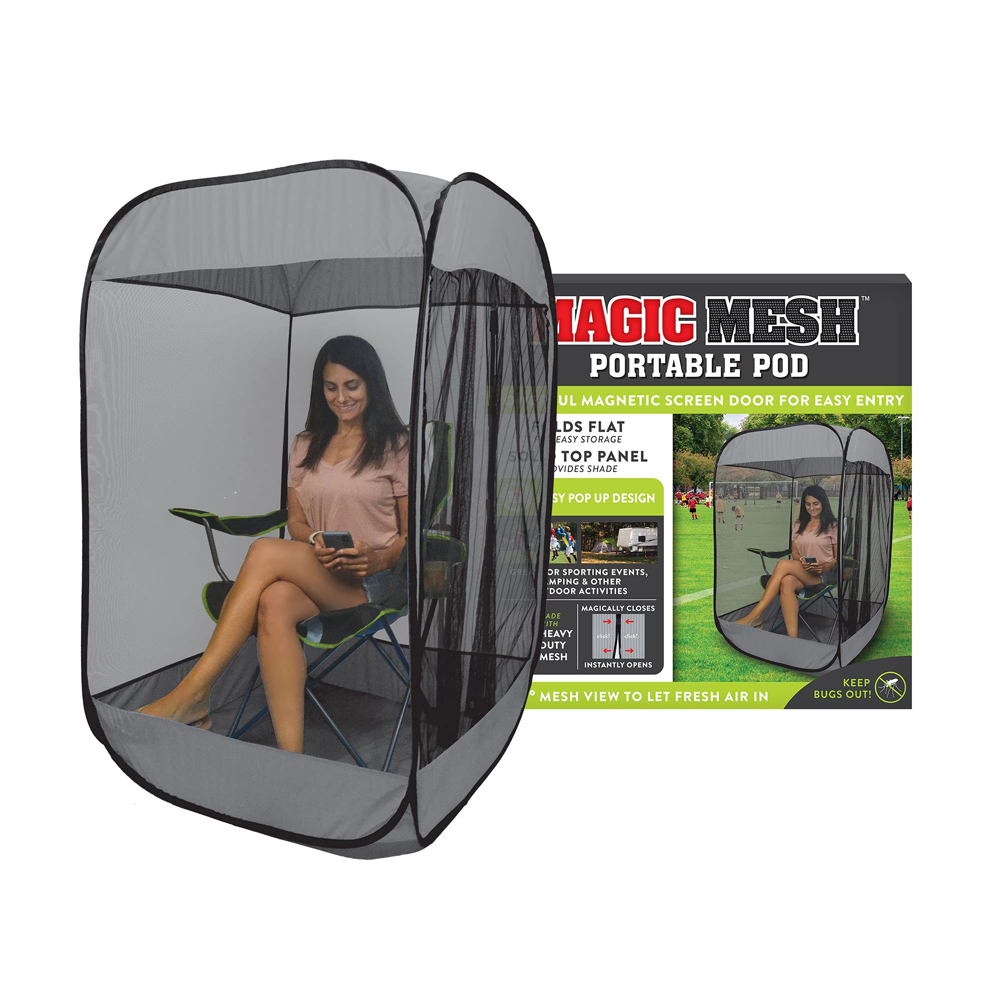 Magic Mesh Personal Portable Pod Modular Design, See-Through Mesh, Keeps Fresh Air in & Bugs Out, Pops Up in Seconds, Magnetic Door Panel, Fits One Adult & Folding Chair- 59" x 37.4" x 37.4"
