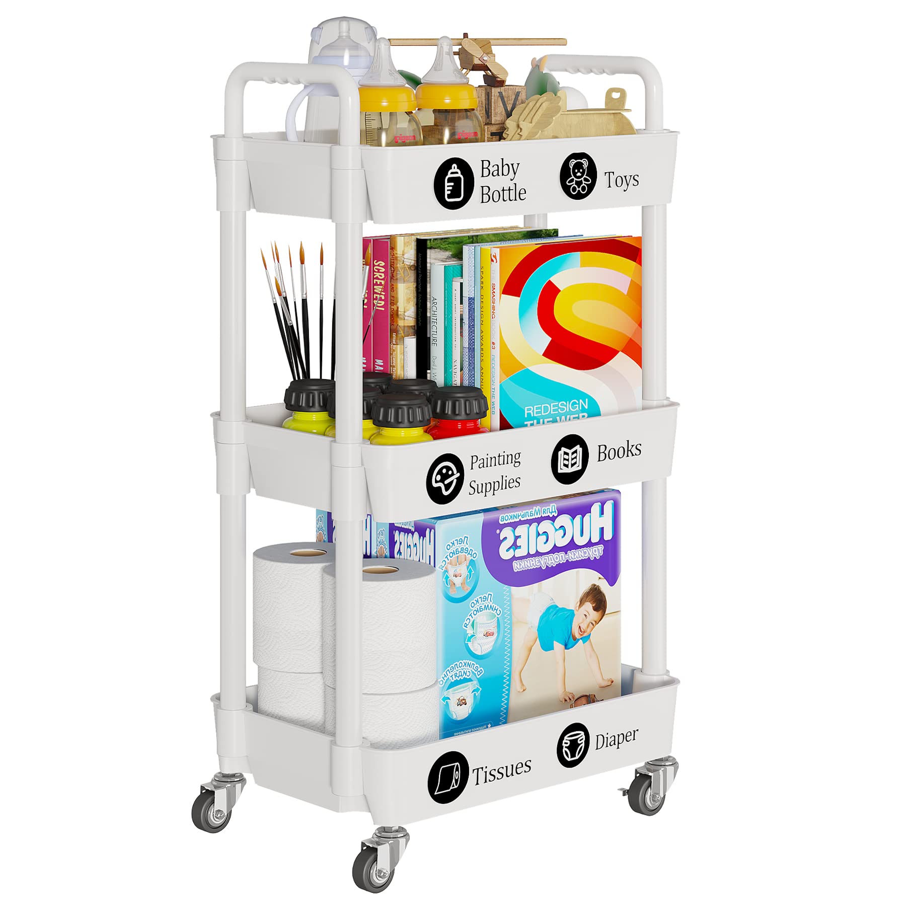 Laiensia 3-Tier Storage Cart,Multifunction Kitchen Storage Organizer,Mobile Shelving Unit Utility Rolling Cart with Lockable Wheels for Bathroom,Laundry,Living Room,With Classified Stickers,White