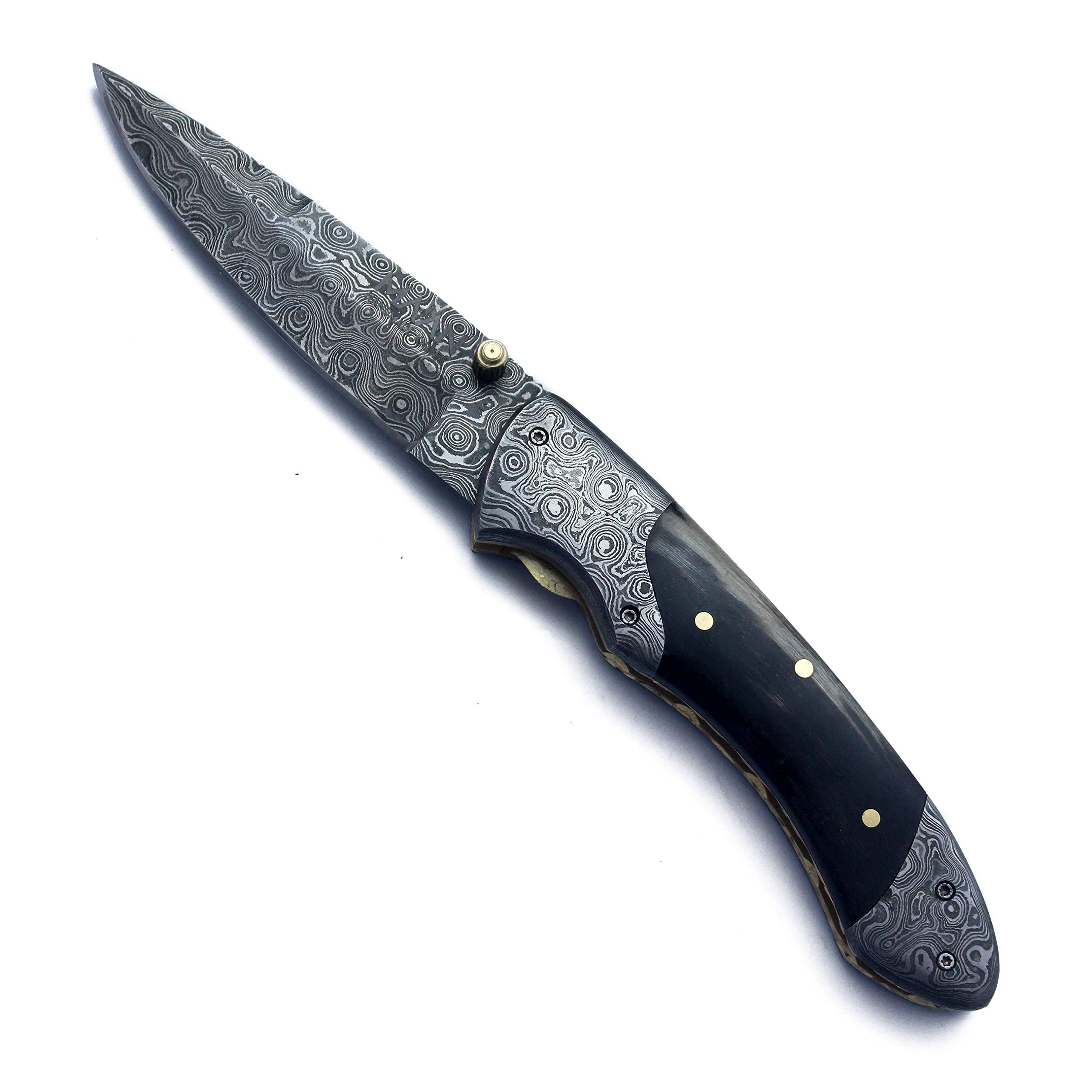 MAAN handmade Damascus Tactical Pocket Knife Sheep Horn Handle Damascus Steel Folding leather sheath Designed for hunting, survival gear & EDC MNK 302