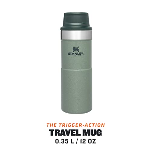 STANLEY Trigger Action Travel Mug 0.35L / 12OZ Hammertone Green β Keeps Hot for 5 Hours - BPA-free Stainless Steel Thermos Travel Mug for Hot Drinks - Leakproof Reusable Coffee Cups