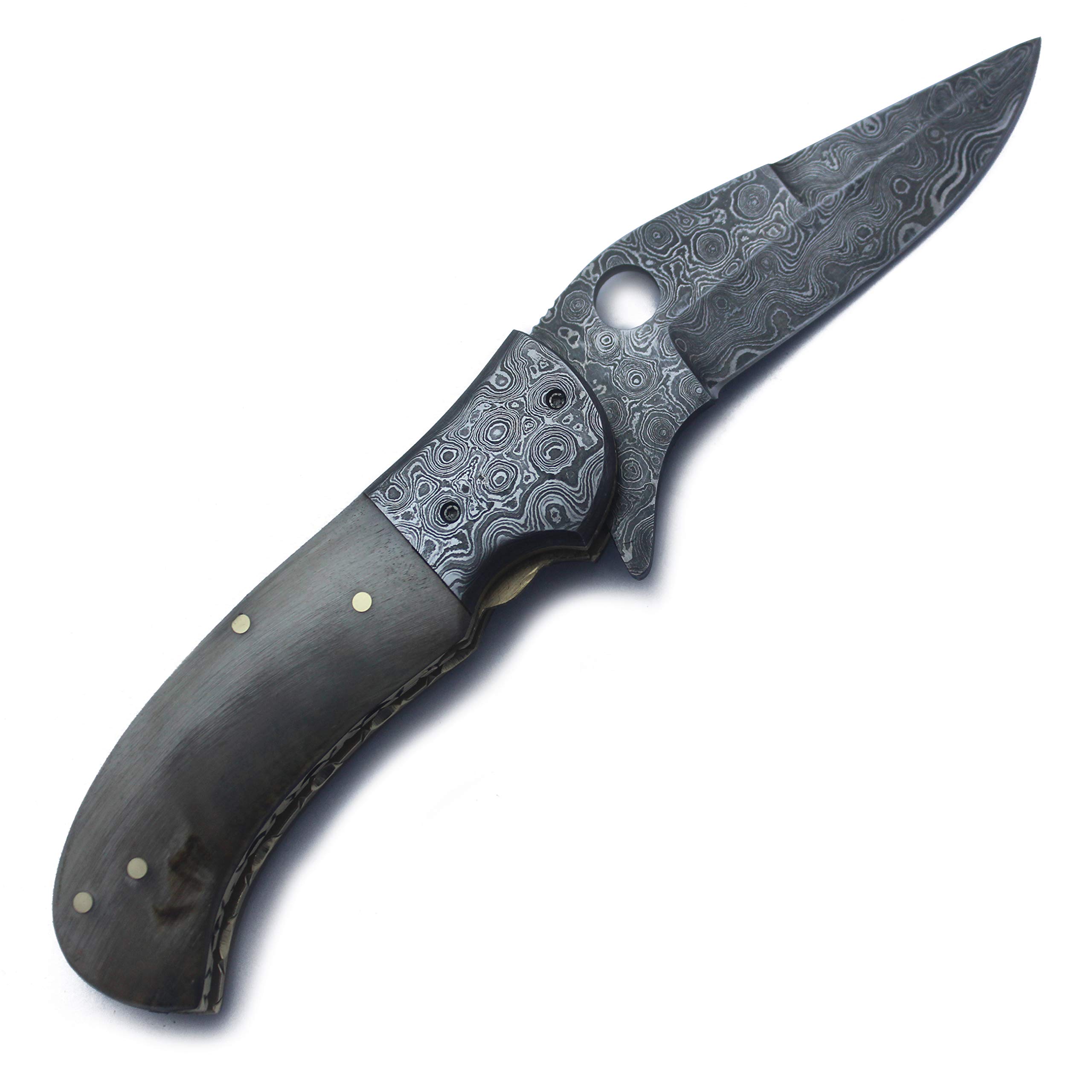 MAAN Handmade Damascus Tactical Folding Pocket Knife Sheep Horn Handle Damascus Steel with leather sheath for hunting, survival gear & EDC MNK 301
