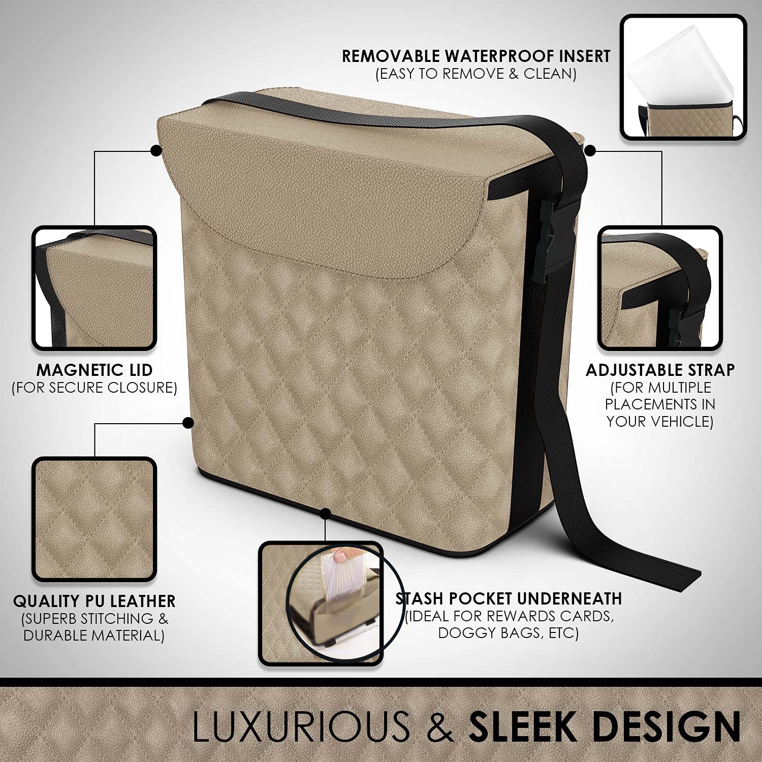 LUXXE - Refined Leather Car Trash Can - Car Garbage Can with Matching Tissue Box - Car Trash Container Water Proof - Car Trash Bag Machine Washable - Car Trashcan - Car Garbage Bag & Car Trash Bin