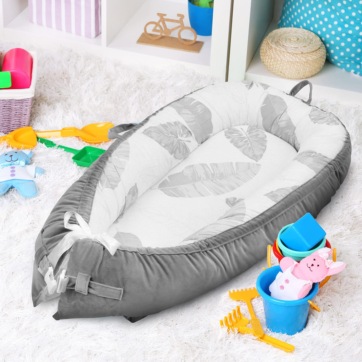 MPenguin Baby Lounger Baby Nest Cover for Newborn Nest Co Sleeping Bed Machine Washable, Adjustable Size, 37’’x21’’ (Leaf)