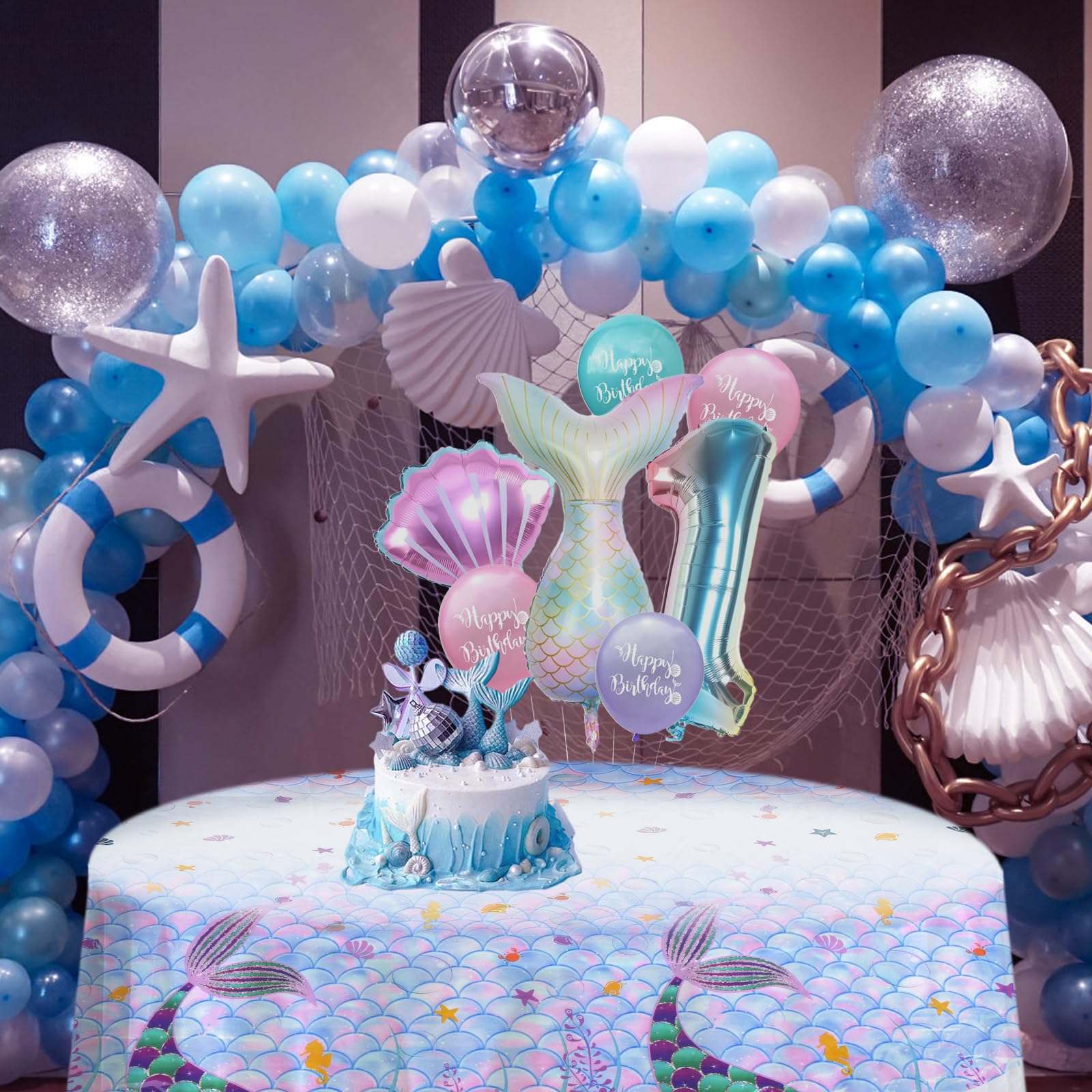 YiePhiot 3 Pcs Baby Shower Tablecloth,Baby Shower Round Tablecloth,Mermaid Party Decoration Table Covers,Plastic Table Cover for Baby Shower Party Compatible for a 70inch Round Table