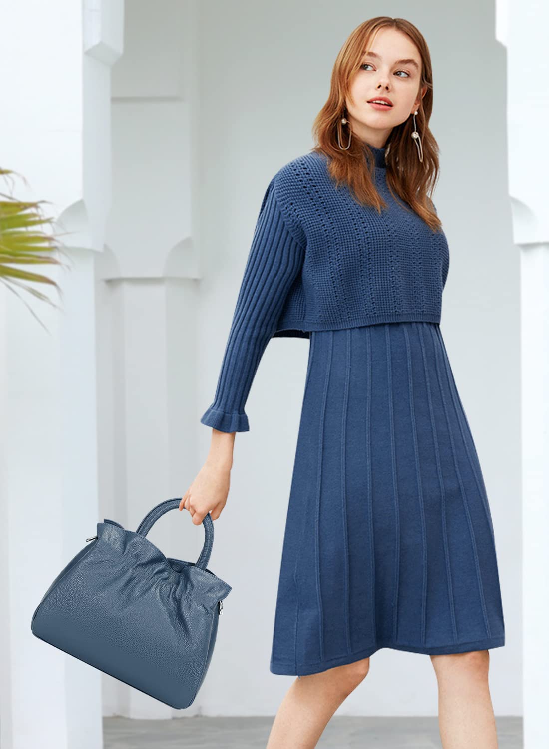 Over Earth Genuine Leather Top Handle Satchel handbags for Women Floral Purse Small(O183E Indigo Blue)