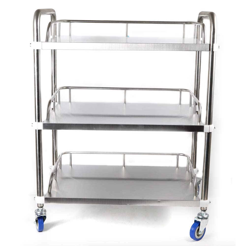 Utility Cart On Wheels, 3 Tiers Silver Trolley Stainless Steel Durable Lab Mobile Serving Cart With 4-Wheel, Lockable Commercial Wheel Dental Lab Cart Utility Services Tool For Laboratories, Hospitals