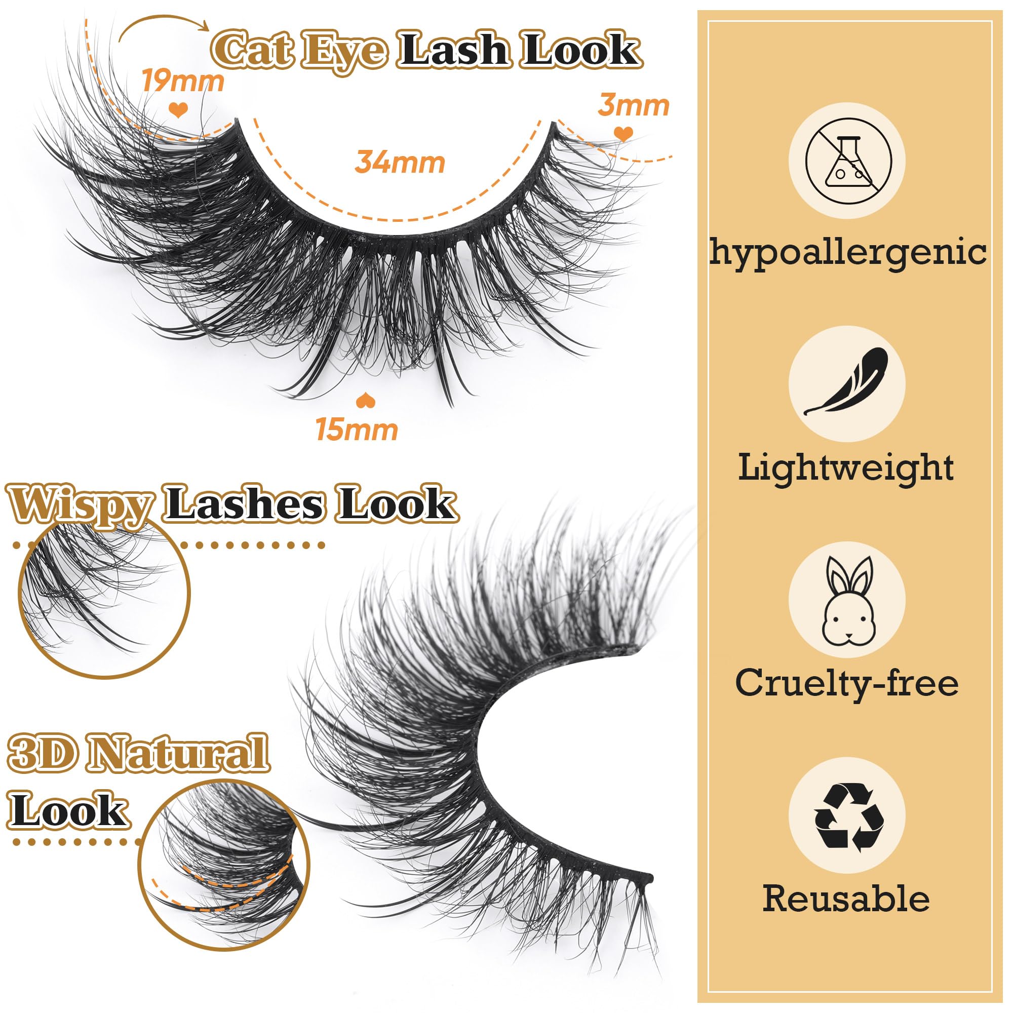 Mink Lashes Natural Look Wispy False Eyelashes Fluffy Fairy False Lash Strips that look Like Extensions 19mm Faux Mink Lash Cat Eye Lash by Focipeysa