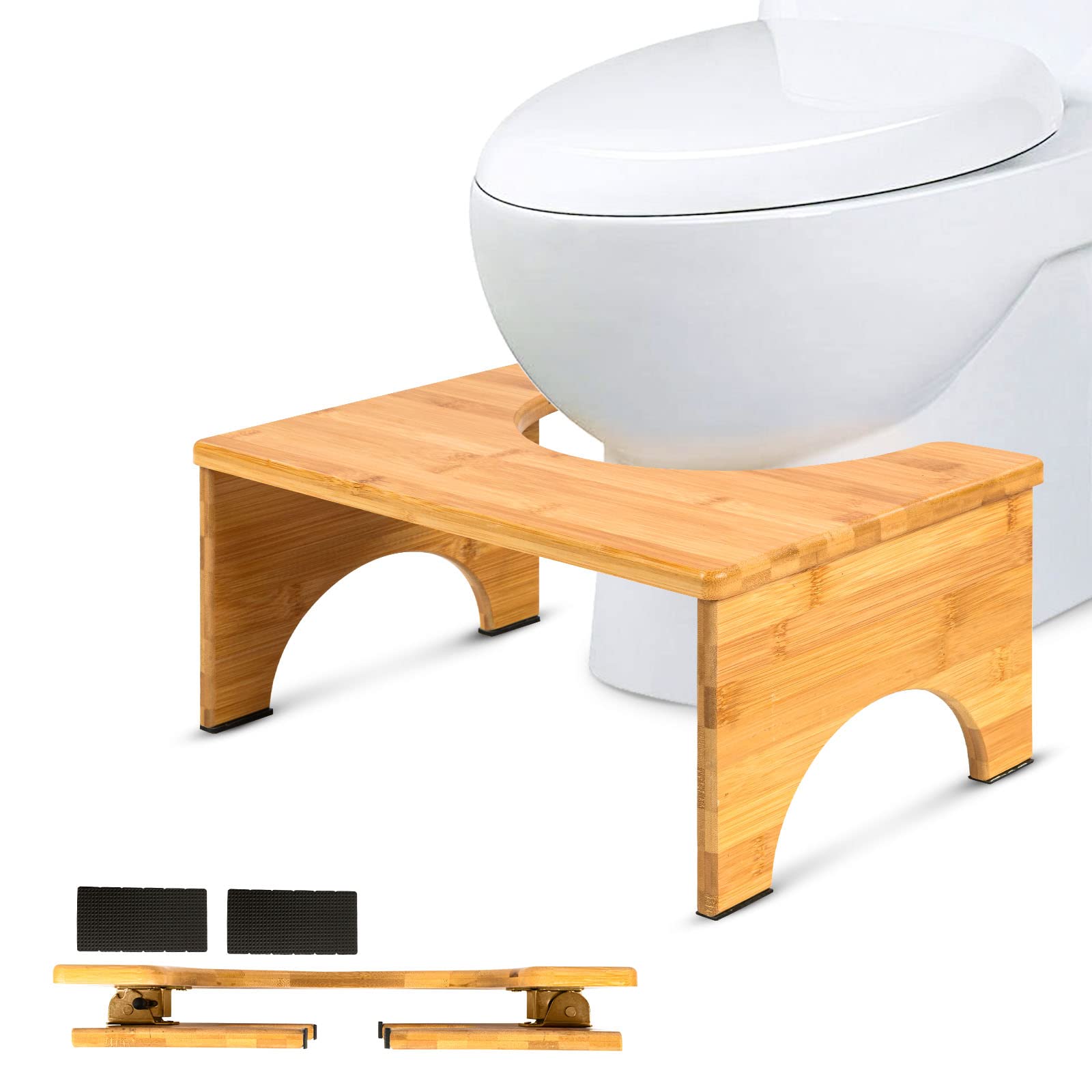MPINOI Toilet Stool，7 Inch Potty Stool for Adults，Foldable Squatting Toilet Stool for Bathroom，Bamboo Toilet Stool Adults, with 12pcs Anti Slip Strip, 450 lbs Capability(7" Natural Color)