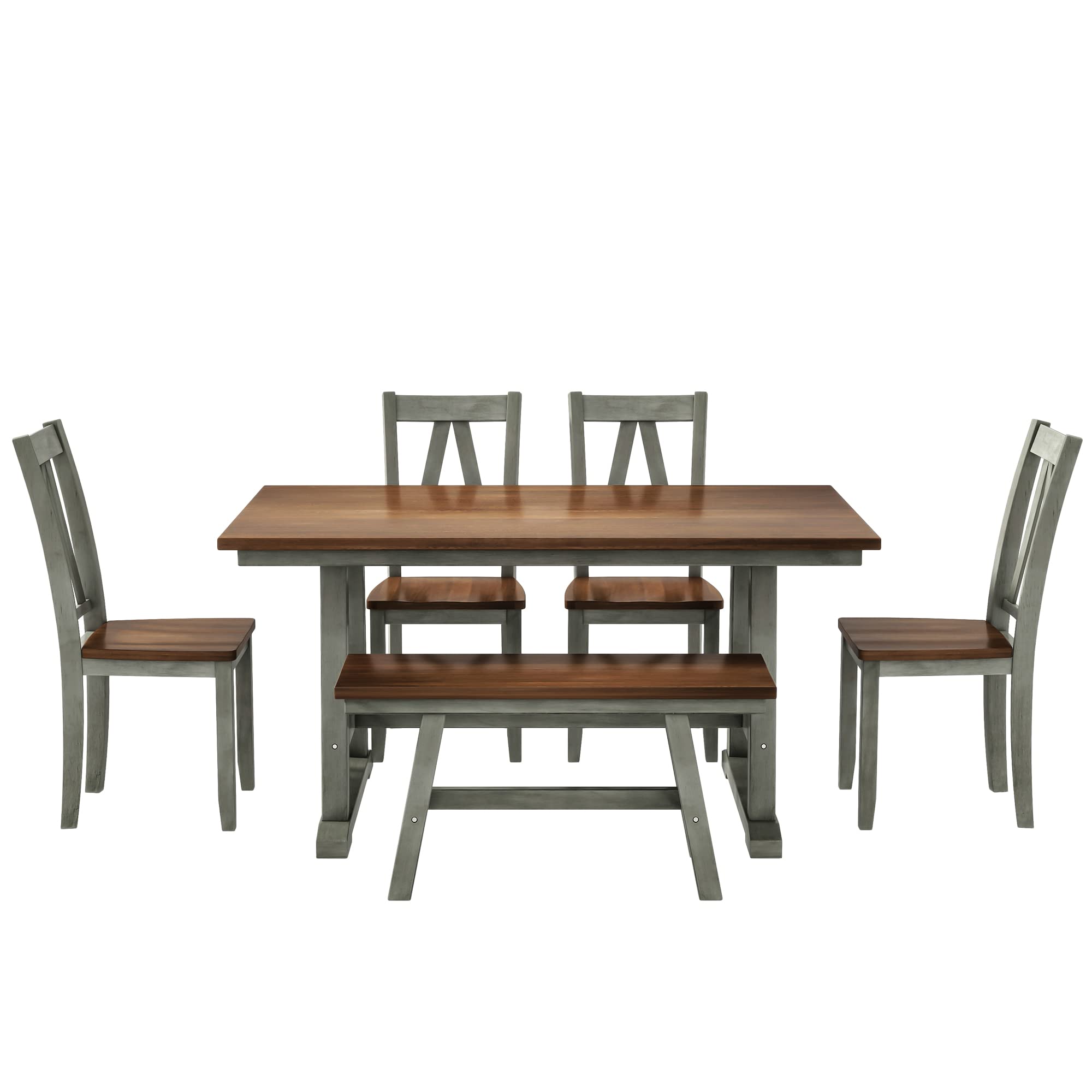 LIADTOP Wood Dining Table Farmhouse Style, 6-Piece Kitchen Set with Long Bench and 4 Chairs,Designed for A Large Family,Walnut+Gray
