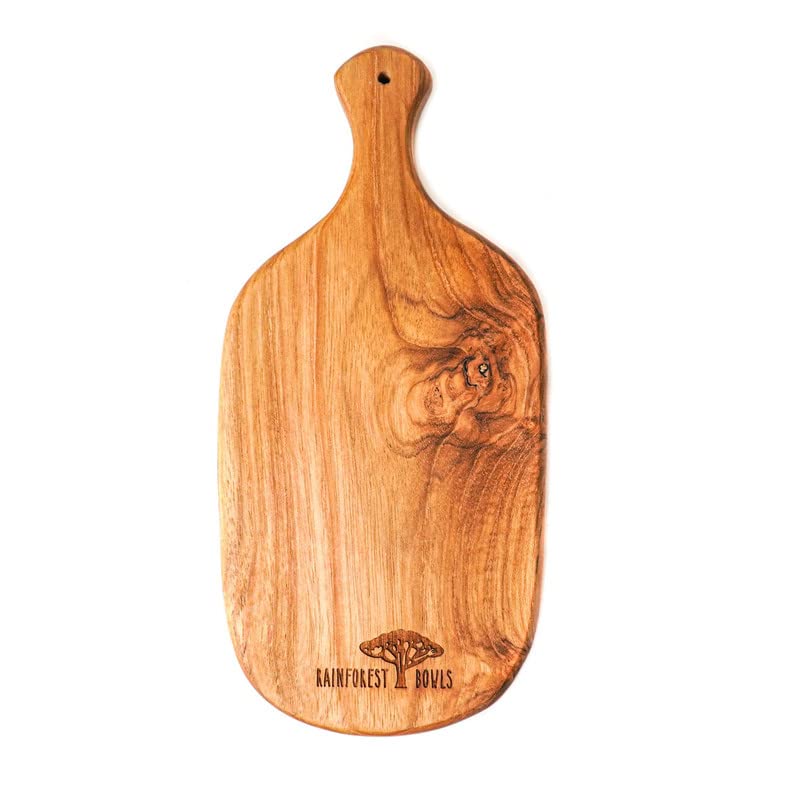 Rainforest Bowls 6"x5" Curved Edge Rectangular Javanese Teak Wood Cutting Board w/Handle- Ultra-Durable, Heavy Duty, Lasts Years w/Daily Use- Premium Style Handcrafted by Indonesian Artisans