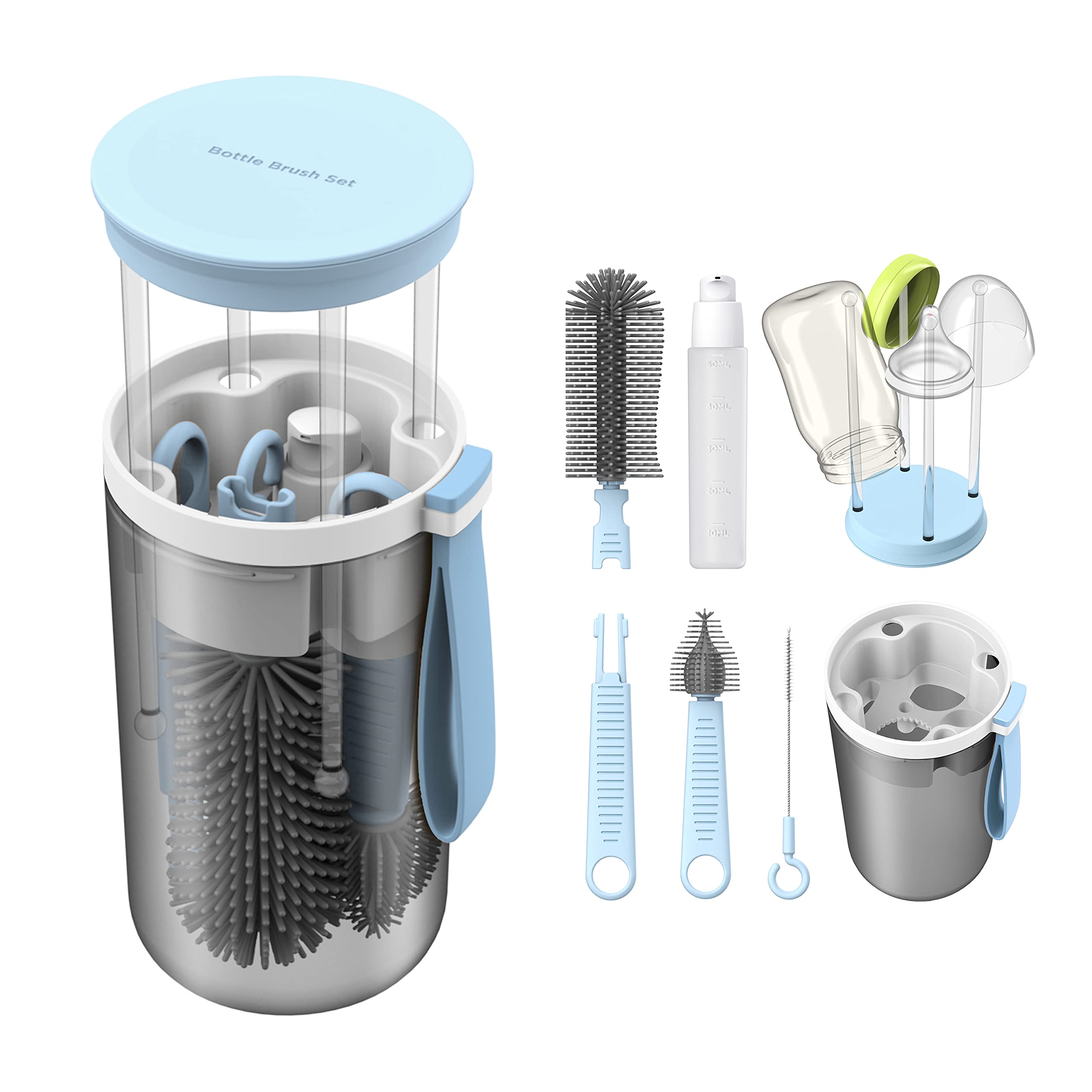 TechoEcho Travel Baby Bottle Brush Set with Extendable Liquid Silicone Bottle Brush,Nipple Brush,Built-in Bottle Drying Rack,Straw Cleaner Brush,Baby Bottle Soap Dispenser,Bottle Warmer(Yellow&Blue)