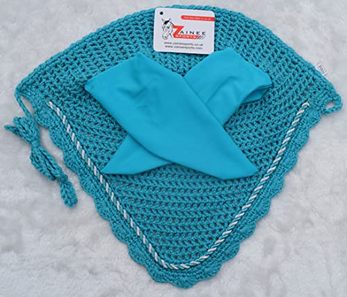 Zainee Sports Horse Ear Bonnet Ear Net Hat Fly Bonnet Hood Mask Fly Veil Full Hand Made Cotton (Horse/Full, Teal)