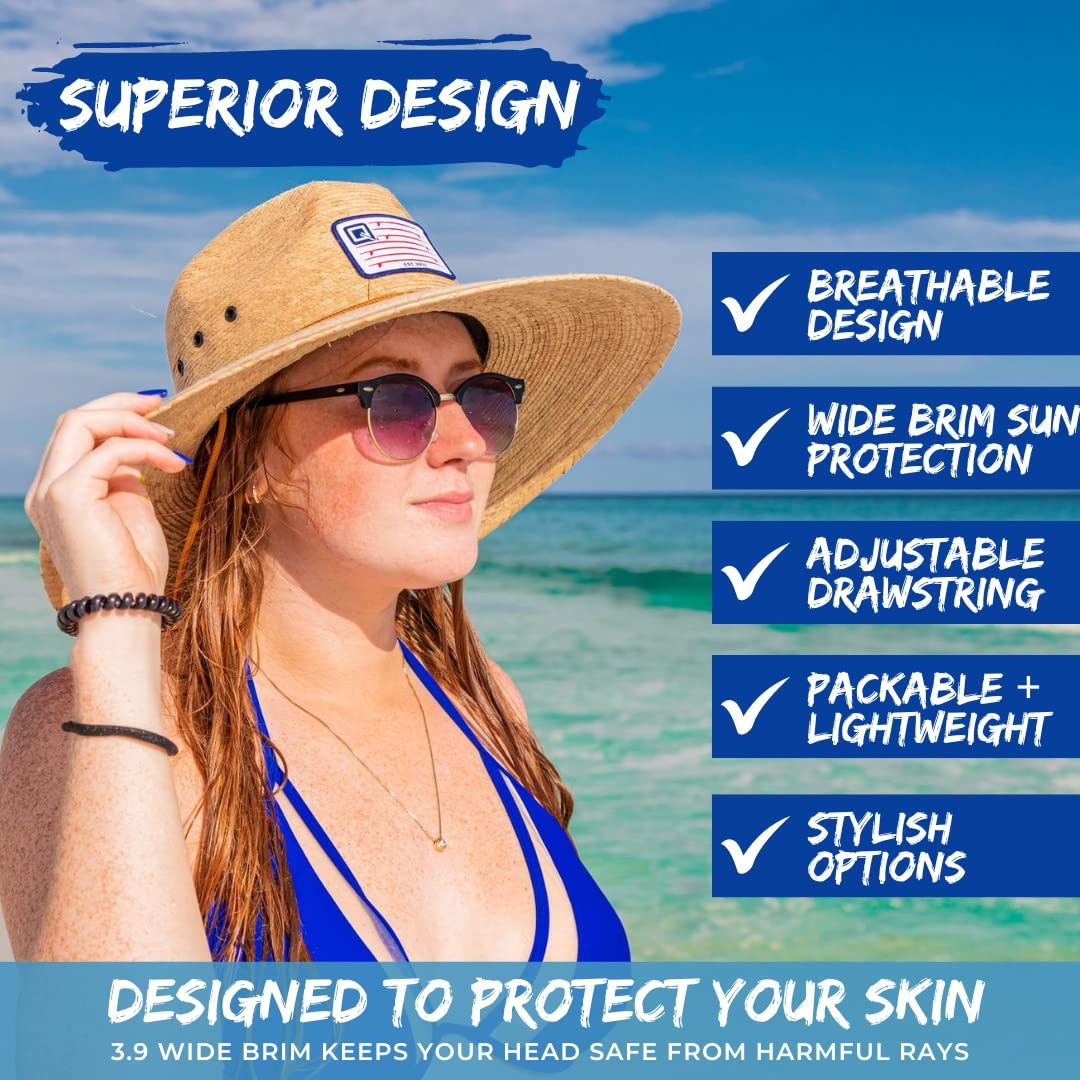 Qwave Packable Straw Hat, Lifeguard Hat for Men and Women, Stone Washed Beach Straw Hat, Protection from Summer Sun Hat - American Flag Surfboard