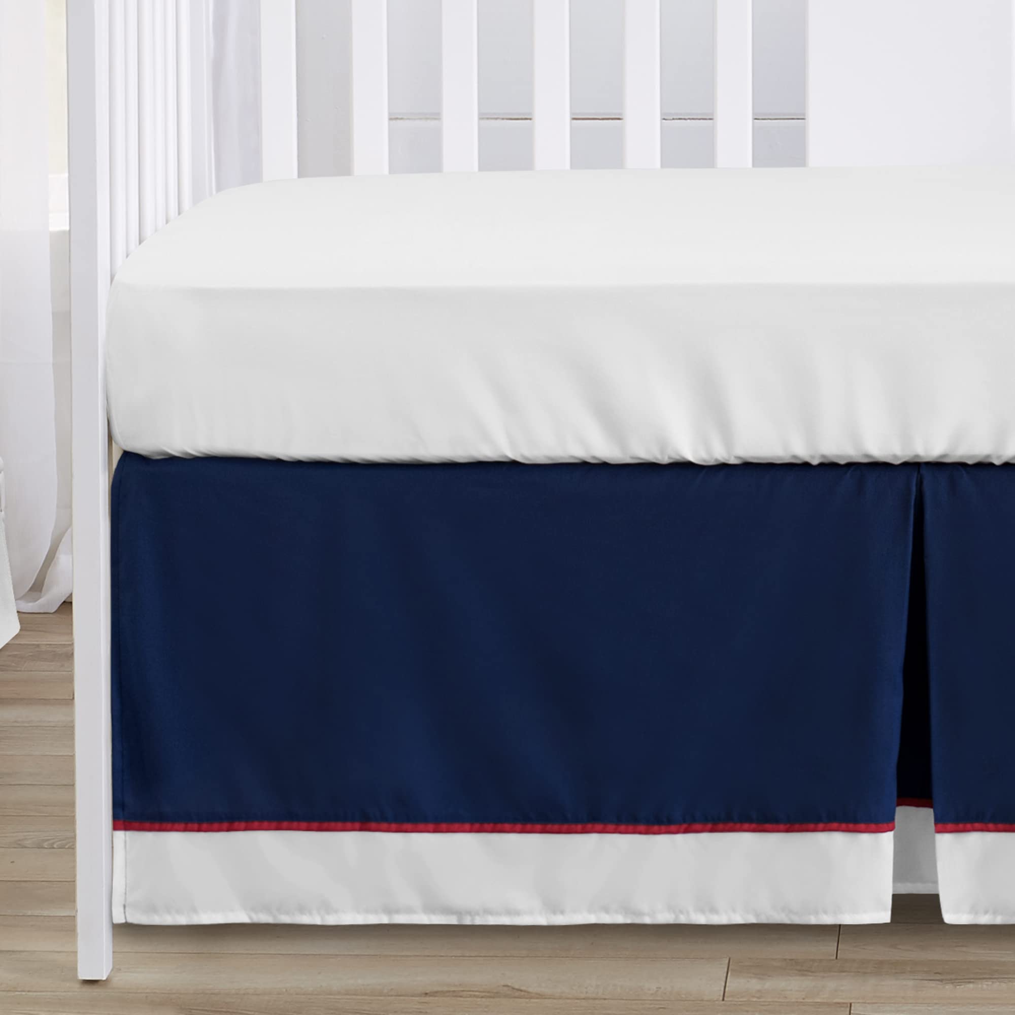 Sweet Jojo Designs Red White Baseball Patch Sports Boy Baby Crib Bedding Set for Infant Nursery Room Quilt, Fitted Sheet, Skirt, Diaper Stacker - 5pc - Americana Grey Patchwork Stripe
