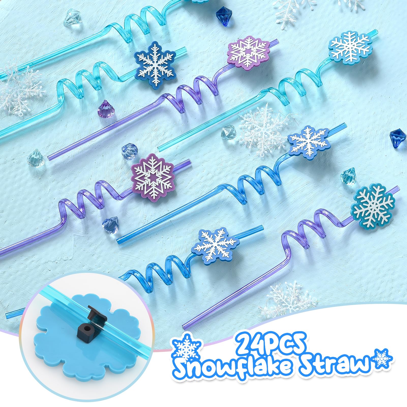 Winrayk 24Pcs Reusable Frozen Plastic Straws Drinking Straws Frozen Party Favors Crazy Straws for Kids Bulk, 3 Snowflake Shape & 3 Colors, Frozen Gift Toy Boy Girls Elsa Frozen Birthday Party Supplies