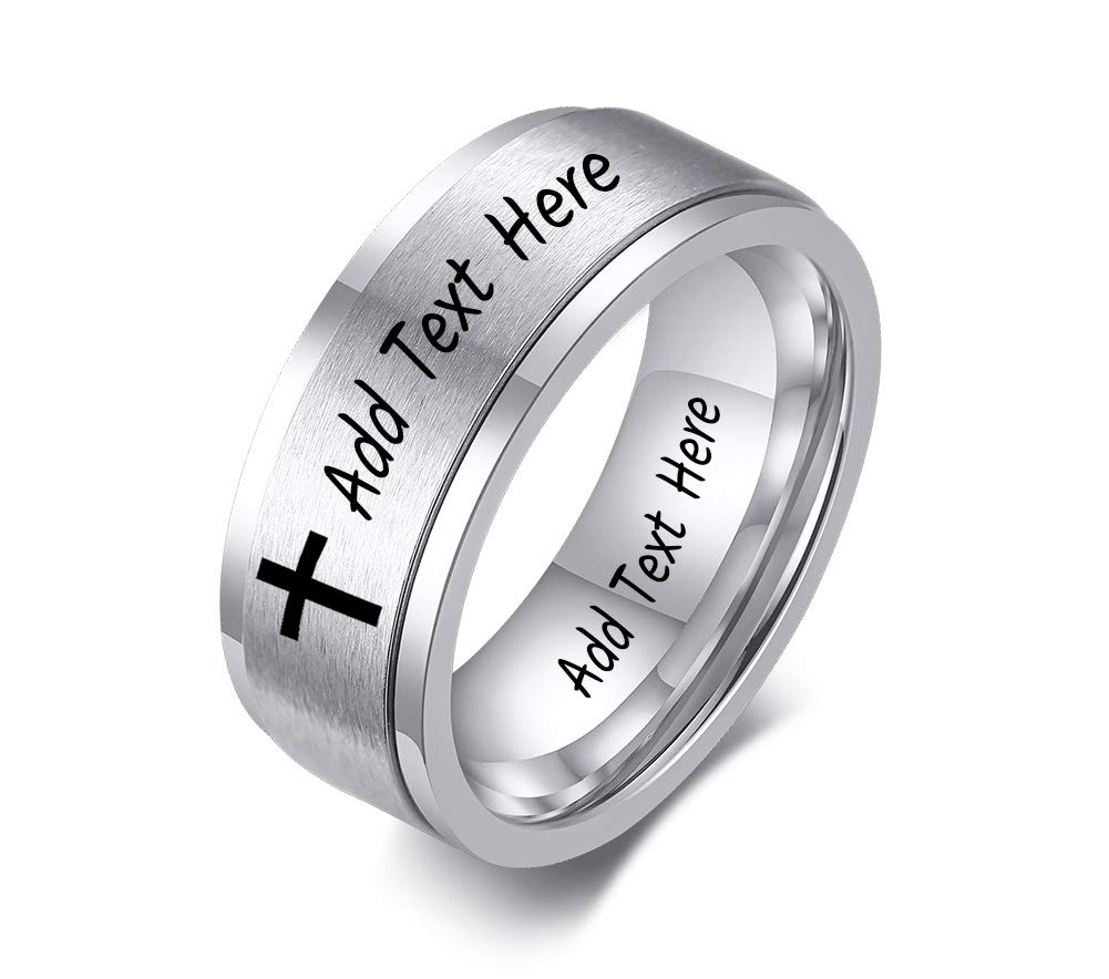 MZZJ Free Engraved Religious Jewelry Christian Cross Faith Bible Verse Scripture 8MM Brushed Finish Stainless Steel Spinner Step Beveled Edges Promise Engagement Ring Wedding Band for Unisex,Size 7