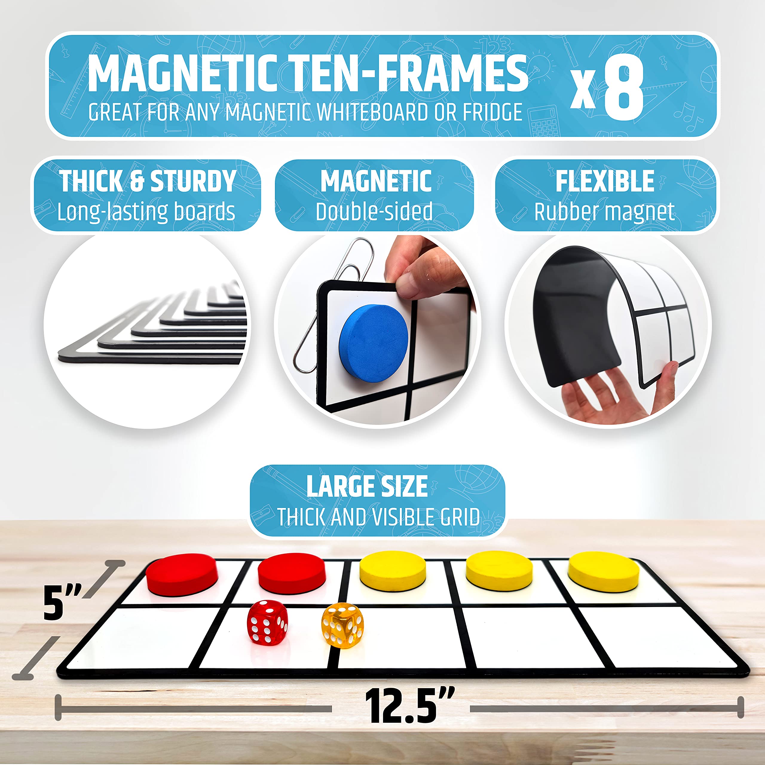 Magnetic Ten Frame Set: 8 Durable Ten-Frames + 100 Colorful Counters + 80 Math Flash Cards + 10 Dice - Addition & Subtraction - Math Manipulatives Kit for Home, Kindergarten & Elementary Teachers
