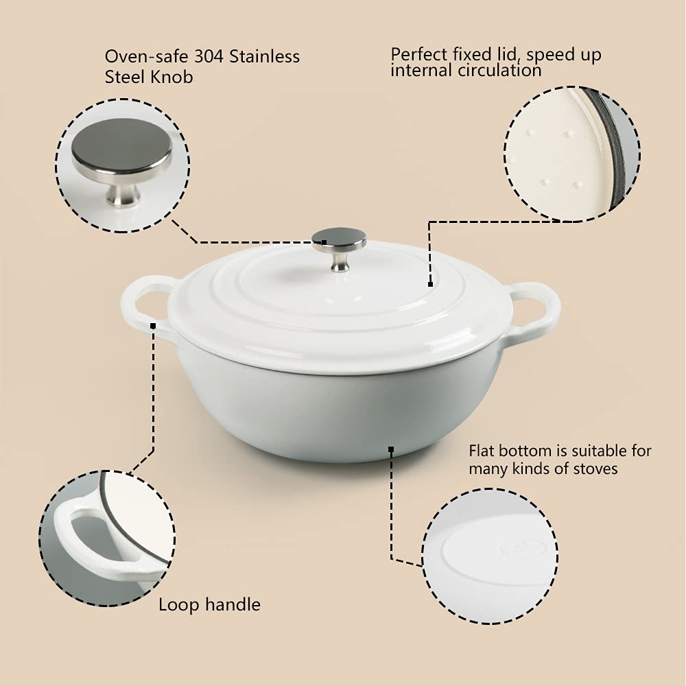 M-COOKER 4.5 Quart Dutch Oven, Enameled Cast Iron Covered Round Dutch Oven with Lid, Casserole, Cookware Pot, French Oven, White