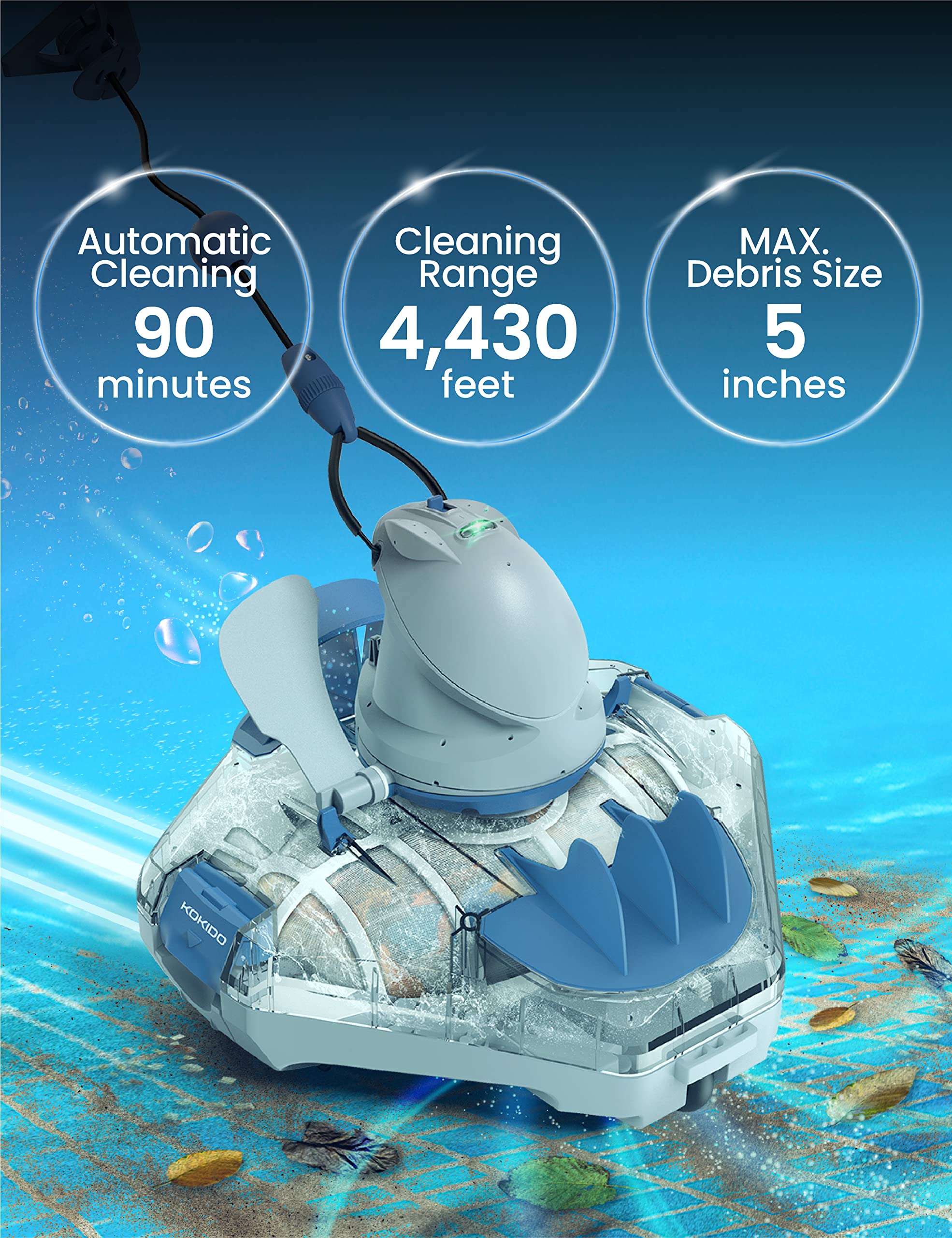 KOKIDO (2023 New) Cordless Robotic Pool Cleaner, Automatic Pool Vacuum for Flat Bottom above/Inground Pools up to 30 Feet. Dirt, Sand, Debris and Leaves (max 5 inch), Last 90 Mins, XTROJET 330