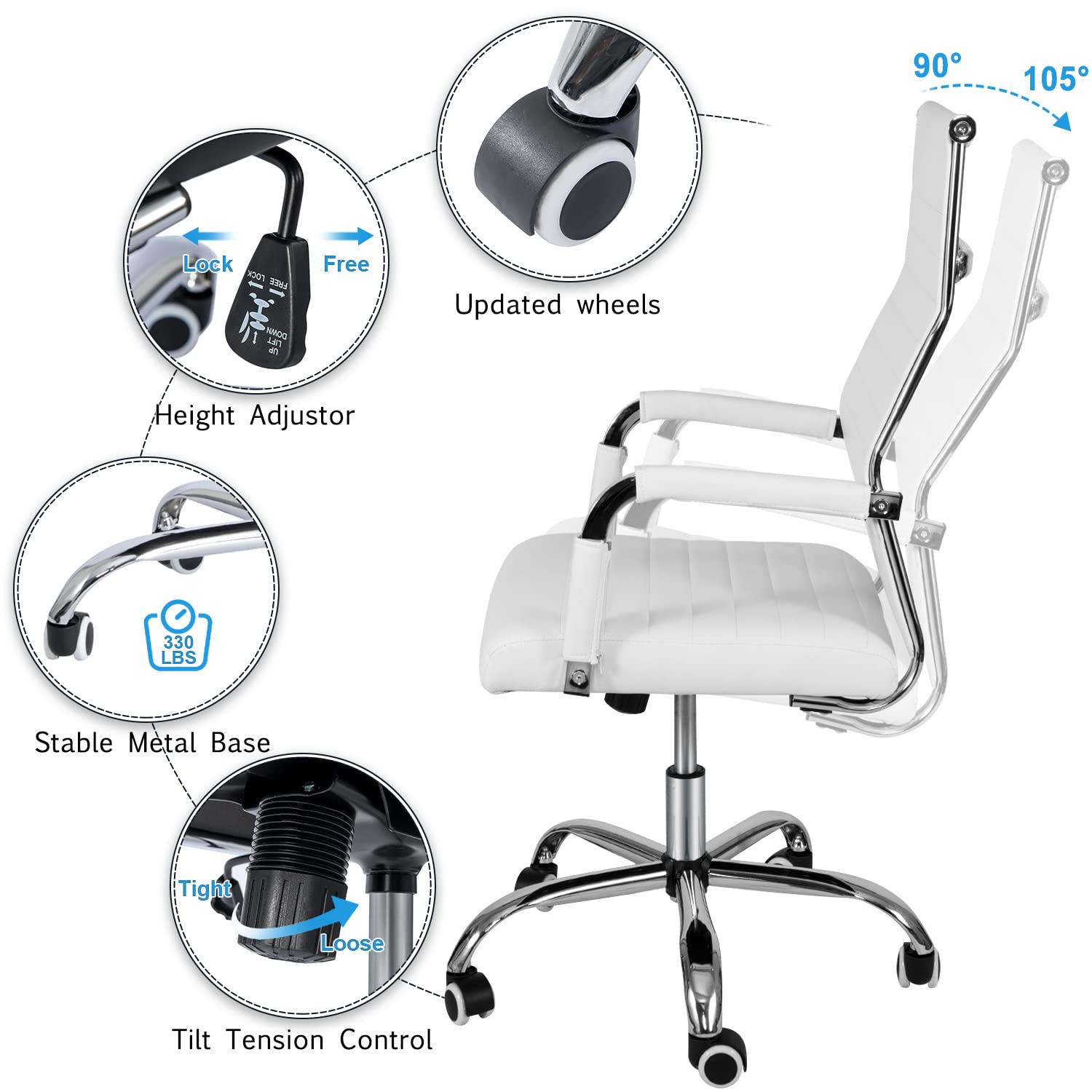 ONG Ergonomic Office Chair - Rolling Desk Chair High-Back White 360° Swivel Conference Executive Office Chair Adjustable Height and Armrest with Lumbar Support Task Computer Chair PU Leather