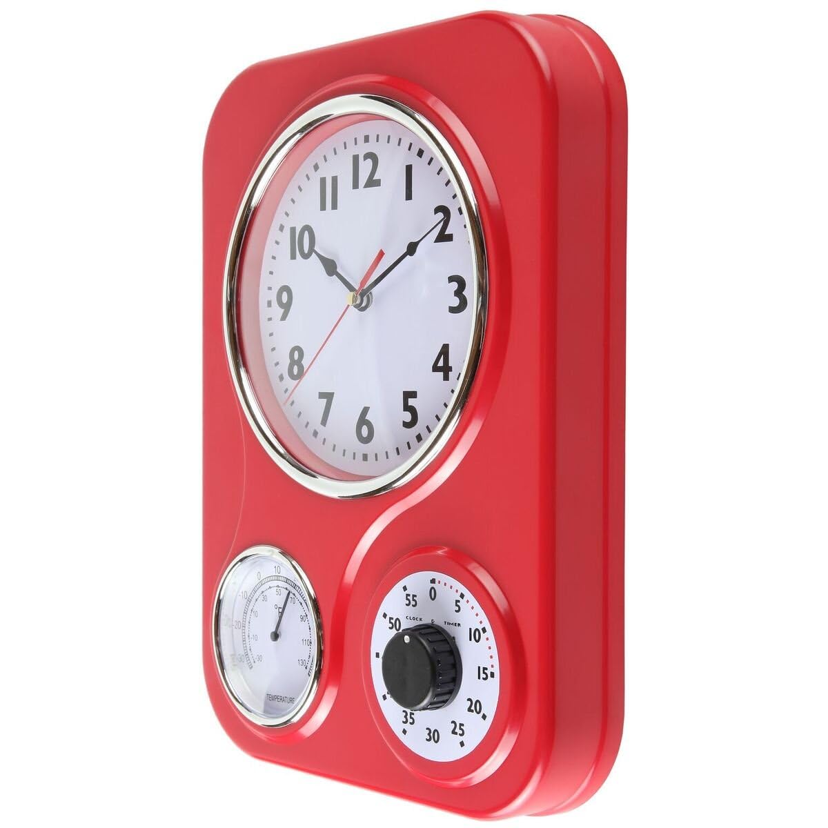 Lily's Home Retro Kitchen Clock with Temperature and Timer (Red)