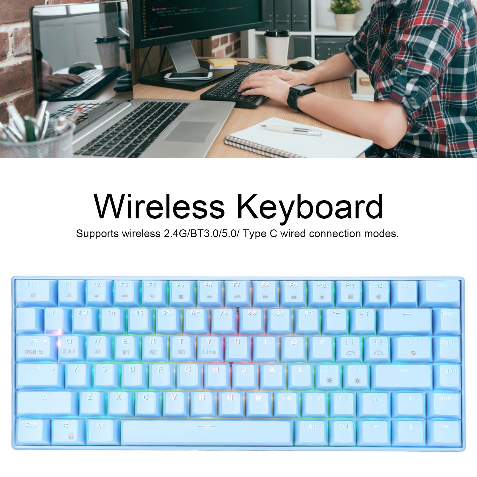 Wired Keyboard, Ergonomic Design 2.4G Wireless BT3.0 5.0 Desktop PC Gaming Keyboard for