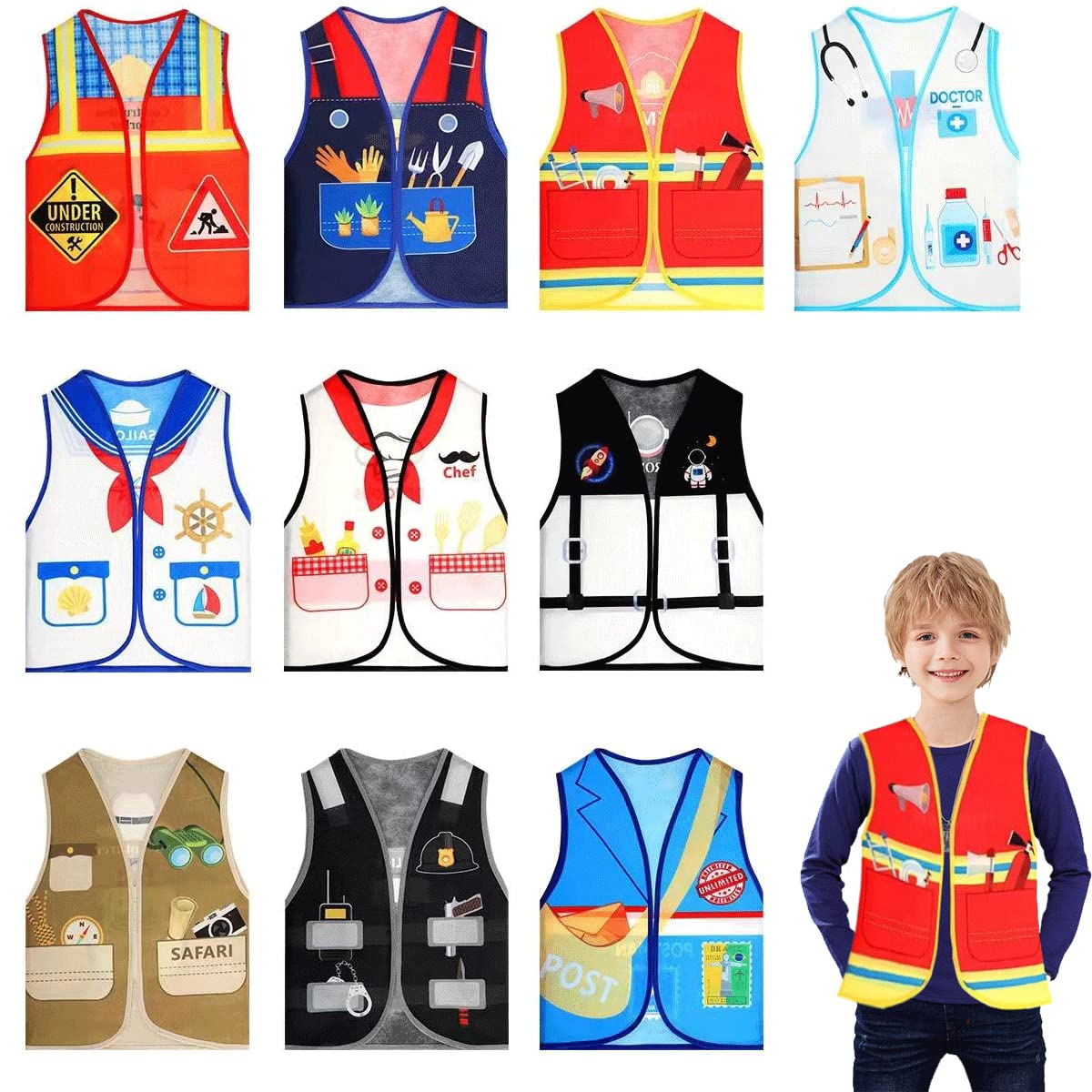 Tahonuss 10 Pcs Community Helper Dress Up Vest Career Costumes Role Play Cosplay Costume Cloth Occupation for Pretend Play Game Party Supplies