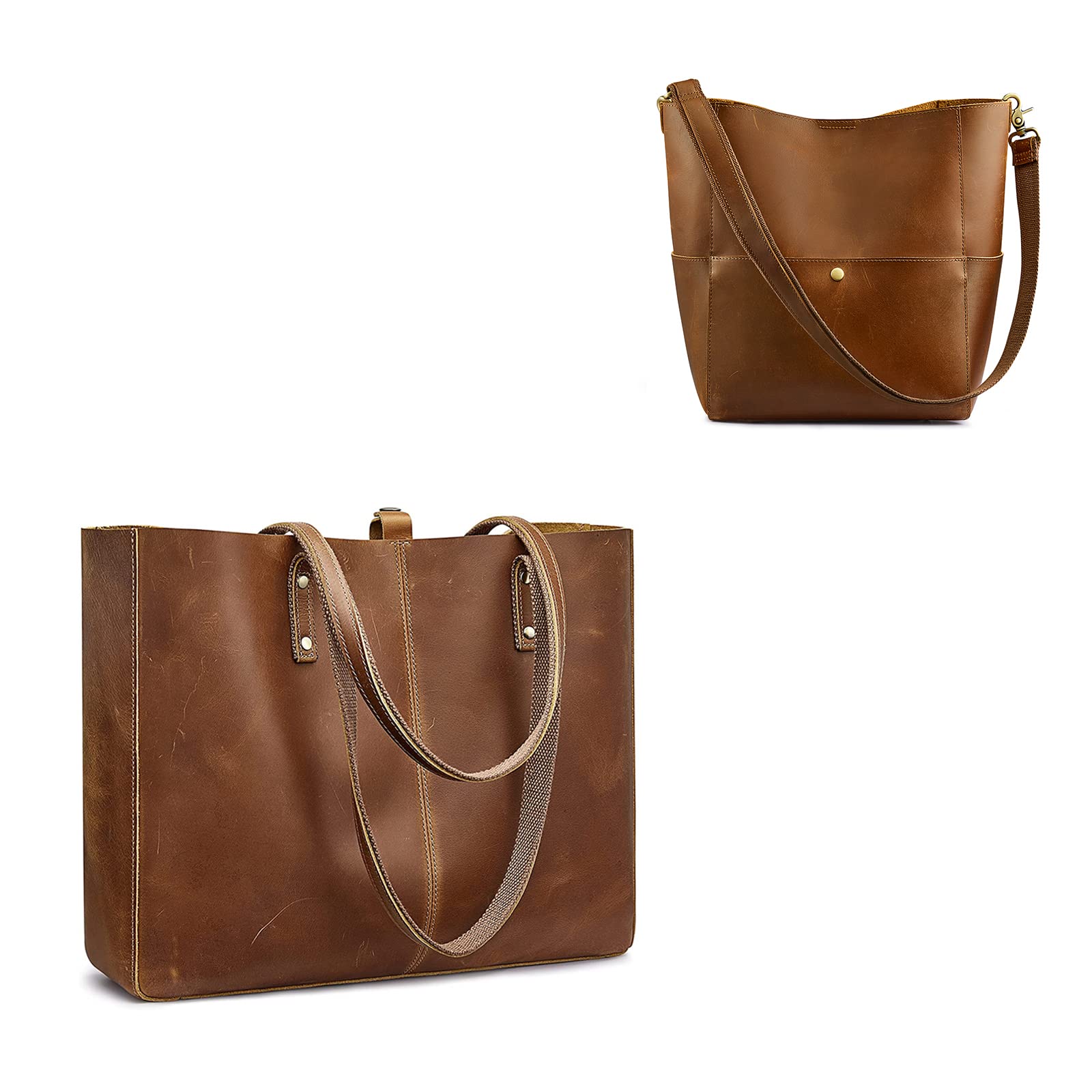 S-ZONE Women Genuine Leather Tote Bag Shoulder Handbag Bundle with Bucket Crossbody Purse