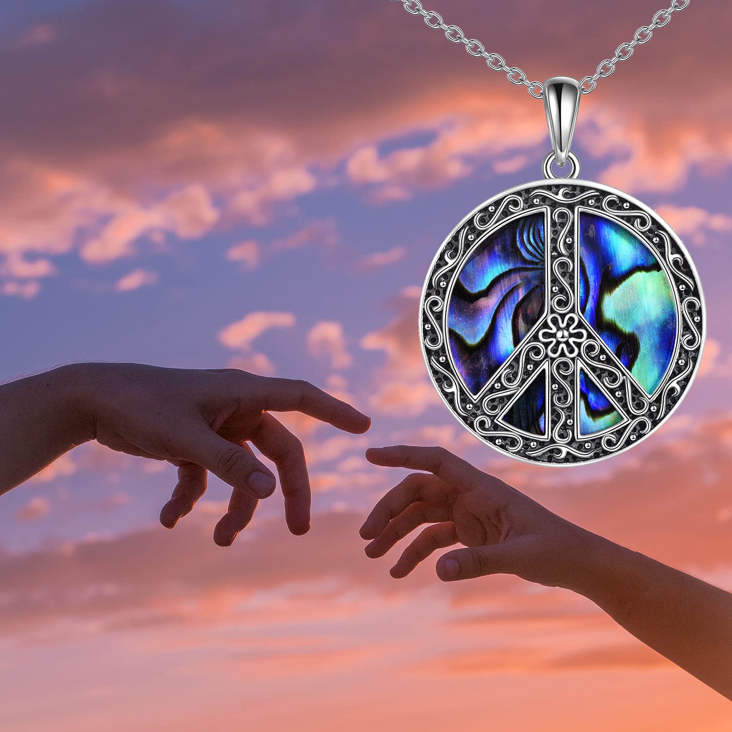 POPLYKE Peace Sign Hippie Pendant Necklace Sterling Silver Abalone Filigree Flower Jewelry For Women