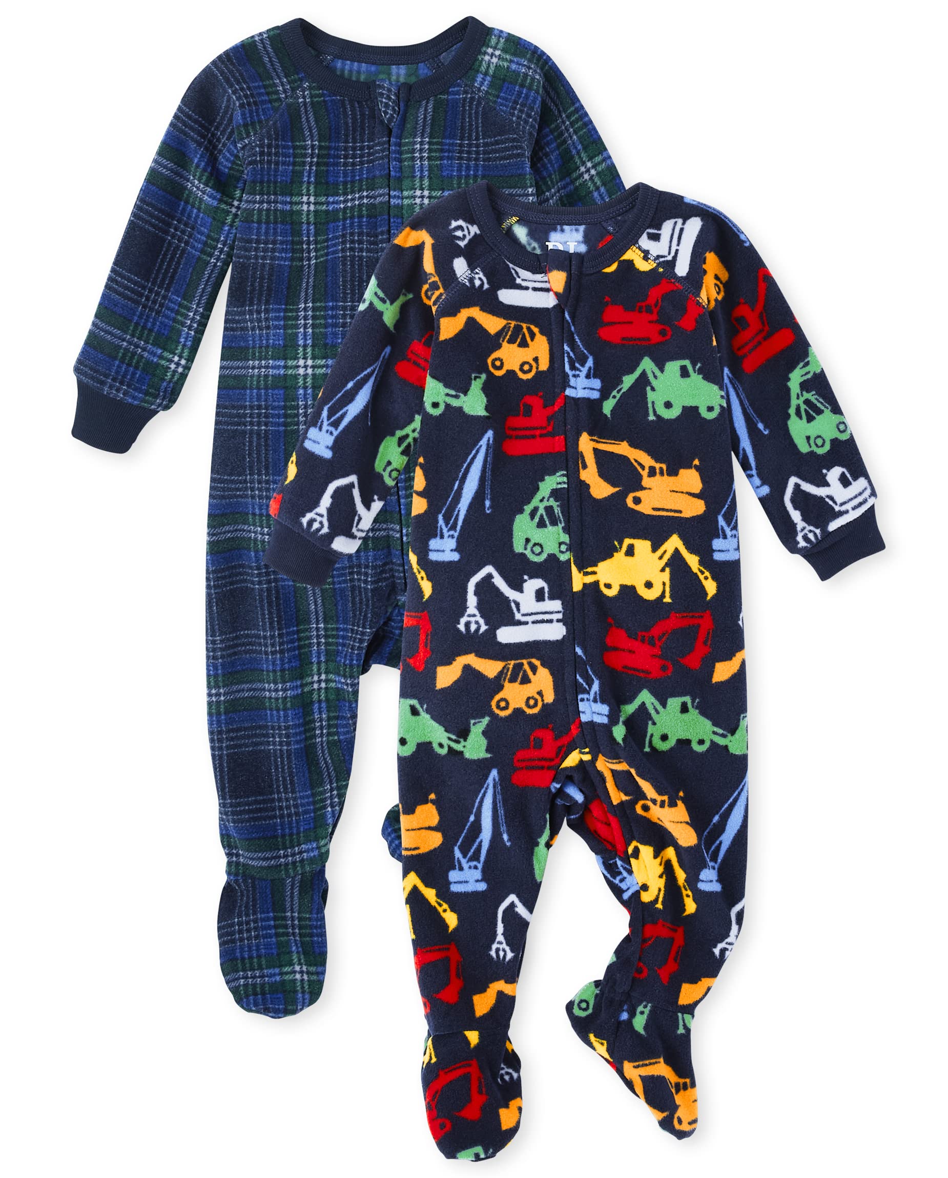 The Children's Place Baby 2 Pack and Toddler Boys Fleece Zip-Front One Piece Footed Pajama, Plaid/Construction 2-Pack, 5T