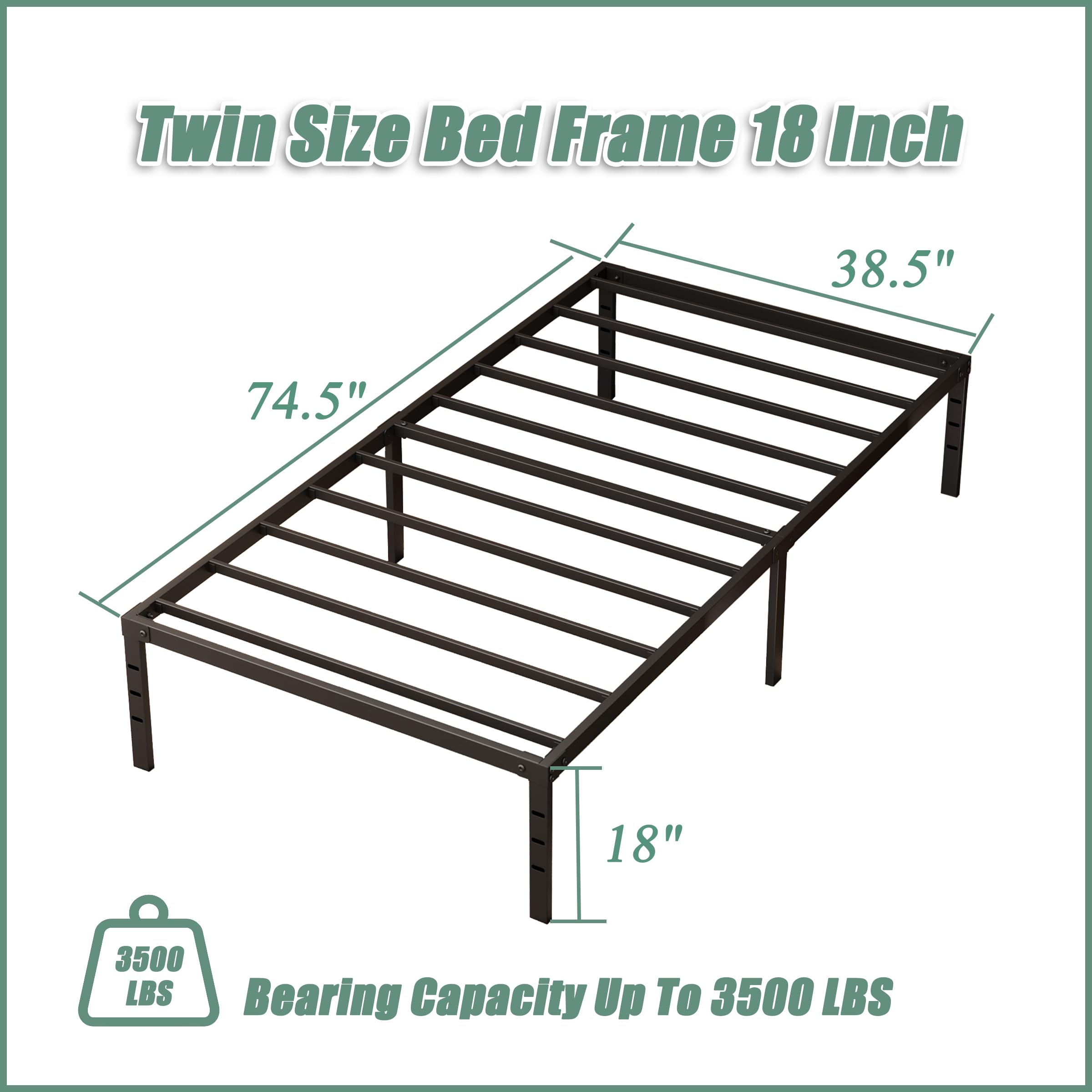JTPTU 18 Inch High Twin Bed Frame No Box Spring Needed,Heavy Duty Metal Bed Frame Twin Size,Kids Twin Platform Bed Frame Steel Slat Support,Easy Assembly,Noise Free,Non Slip Black Bed Frame Twin