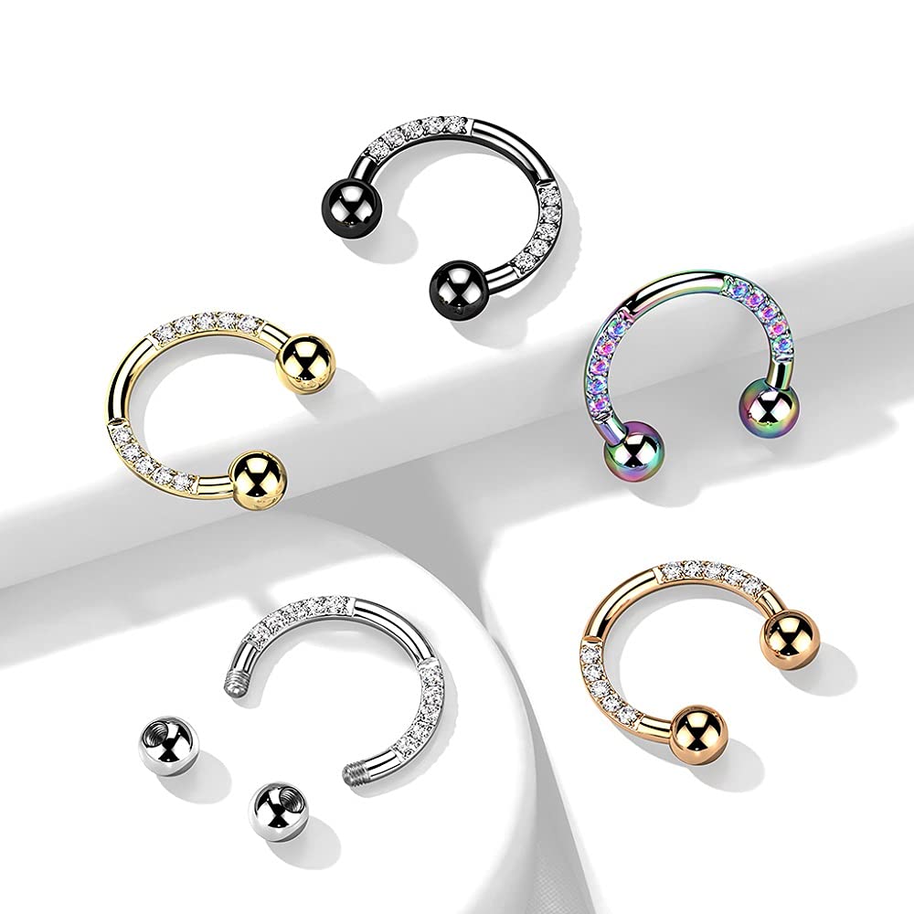 Pierced Owl 16GA G23 Implant Grade Titanium CZ Crystal Paved Sides Circular Horseshoe Barbell (Black/Clear)