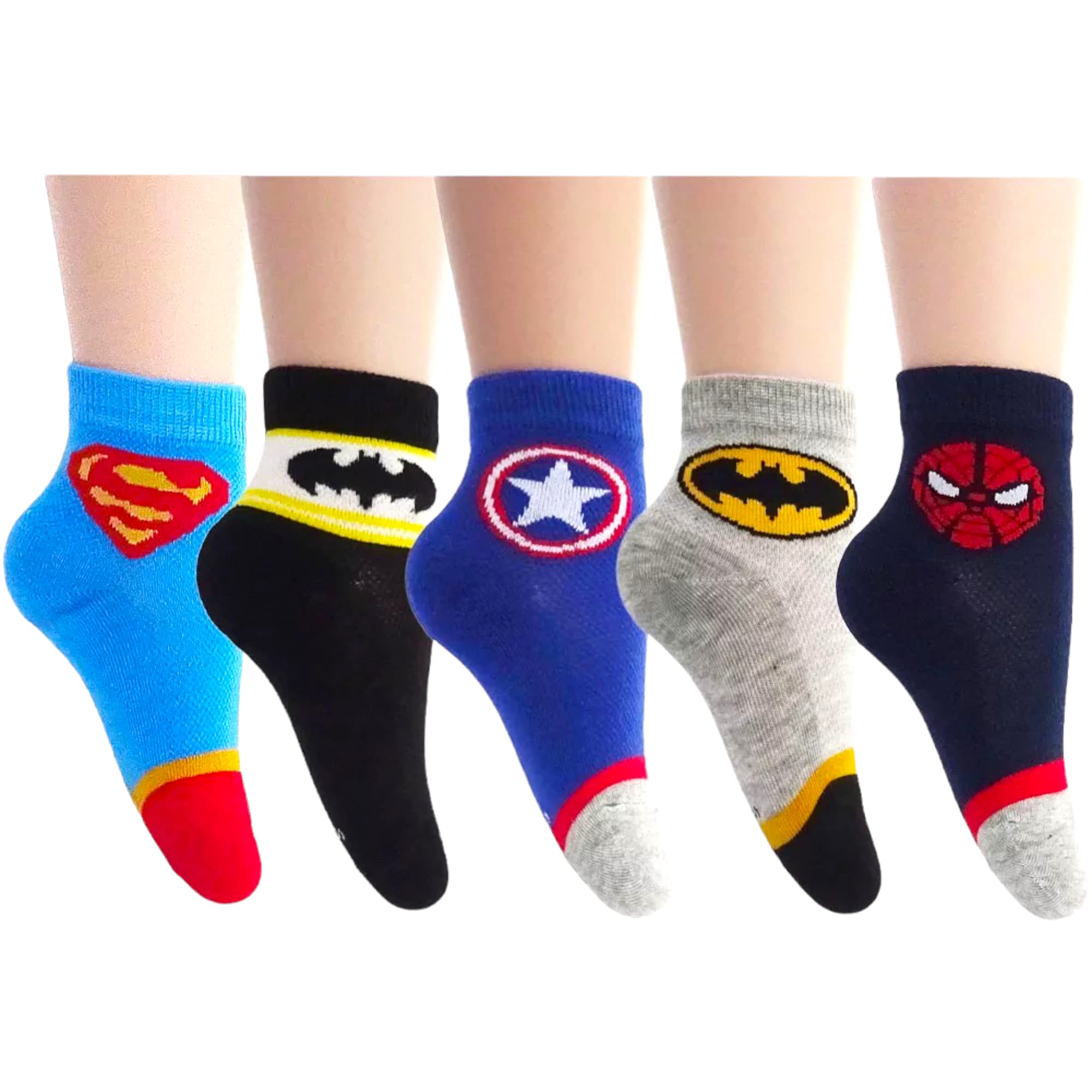 ONDEMAND GLOBAL Mr. Mengty Socks Superhero Cartoon Socks for Boys Kids | Kids Boys Fun Design Low Cut Athletic Socks 5 Pack (Small)