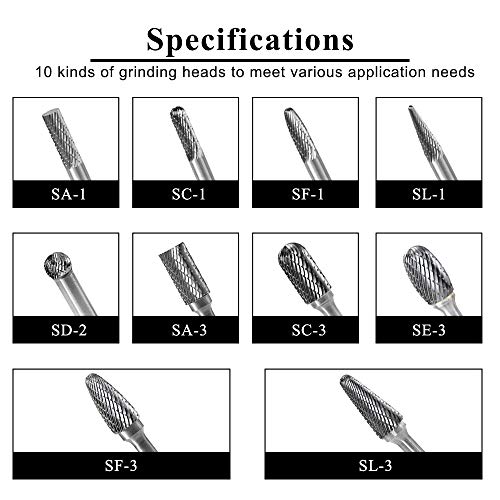 YUFUTOL Carbide Burrs Set 10pcs Double Cut Solid Carbide Rotary Burr Set 1/4" Shank Die Grinder Bits for Steel,Metal Carving, Polishing,Engraving,Drilling