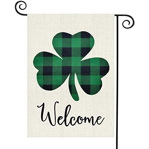 TGOOD St Patricks Day Garden Flag Decorations Outdoor Banner,12.5x18 inch Double Sided Buffalo Check Plaid Durable Burlap Shamrock Home Decorative Clover Welcome Flag,Holiday Yard Sign Seasonal Flag